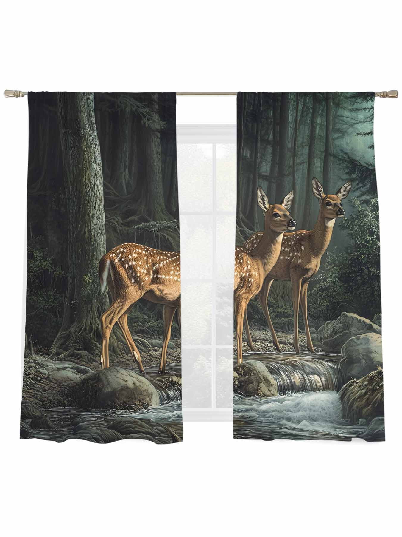 Forest Deer Sheer Curtains 72 Inch Long 2 Panels, Animals River Light ...