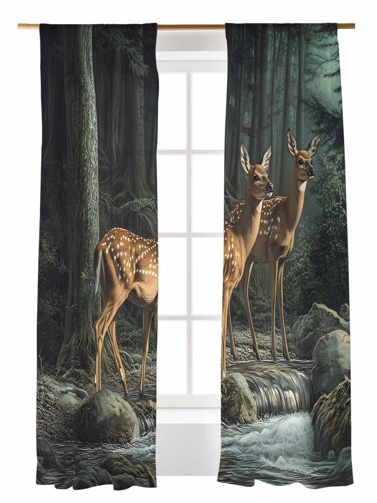Forest Deer Sheer Curtains 84 inches Long 2 Panels Set Animals River ...
