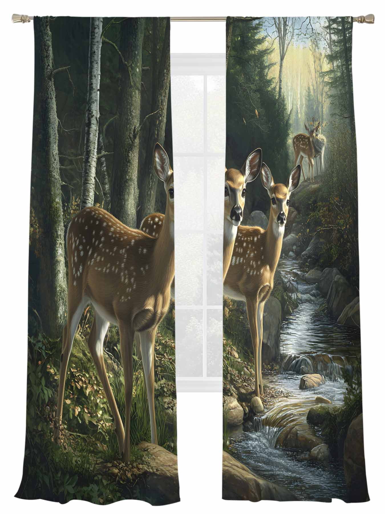 Forest Deer Sheer Curtains 96 Inch Long 2 Panels, River Animals Light ...