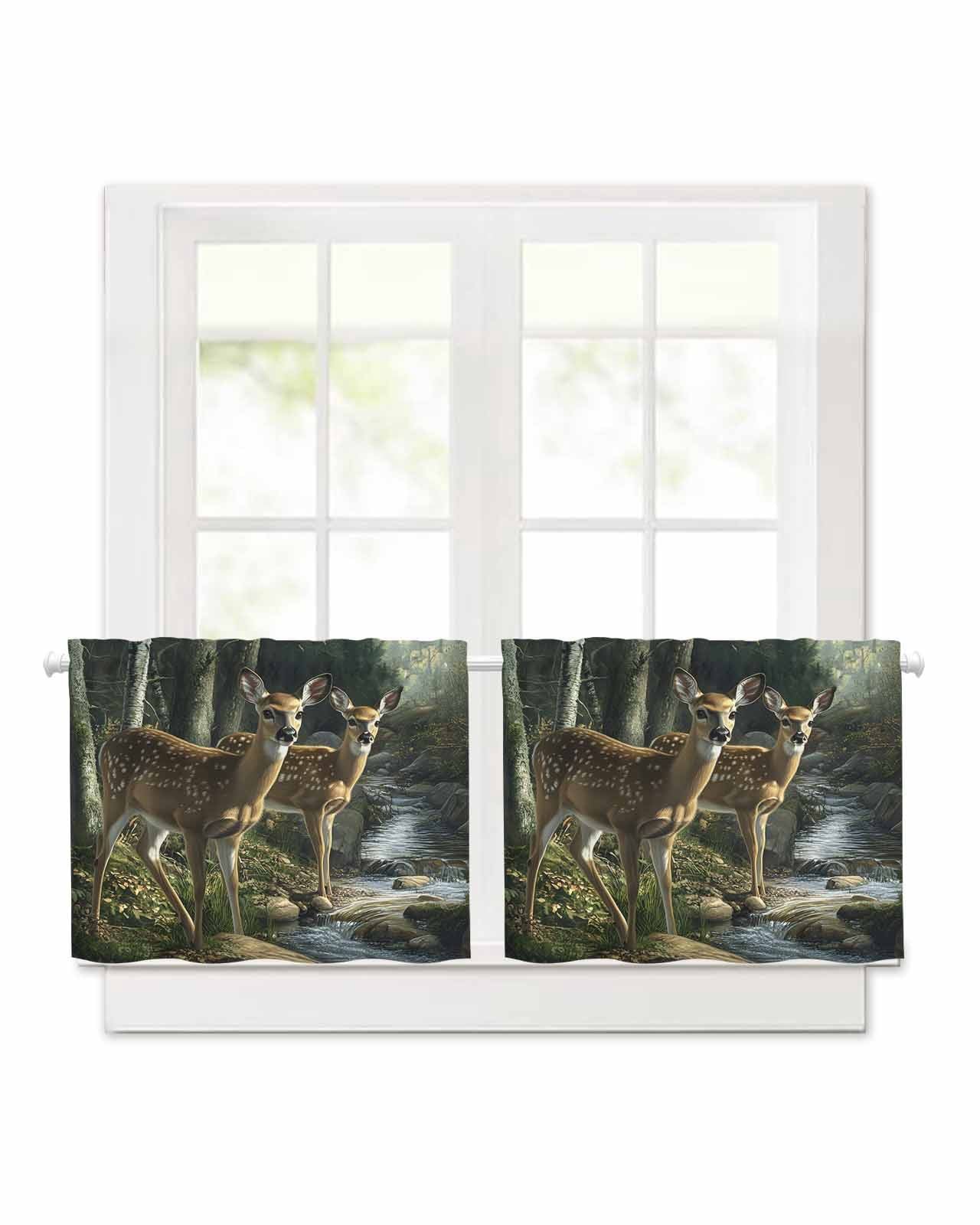 Forest Deer Short Blackout Curtains 30 Inch Long River Animals Rod ...