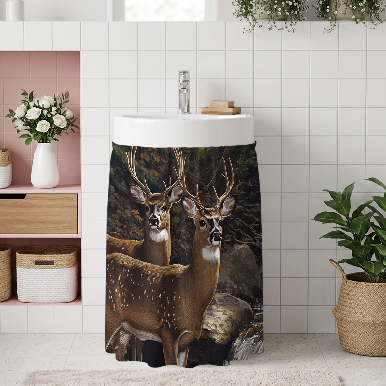 Forest Deer Small Cabinet Curtain 11''x13'', Farmhouse Vintage River ...