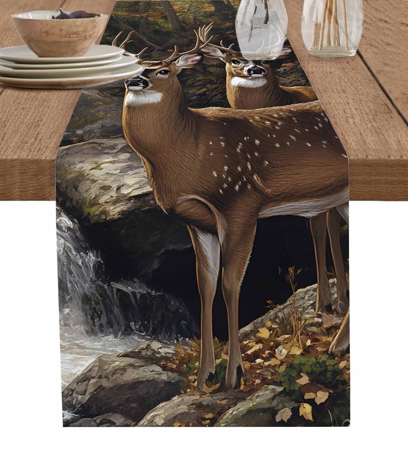 Forest Deer Table Runner 72 Inches, Farmhouse Vintage River Elk Bed ...