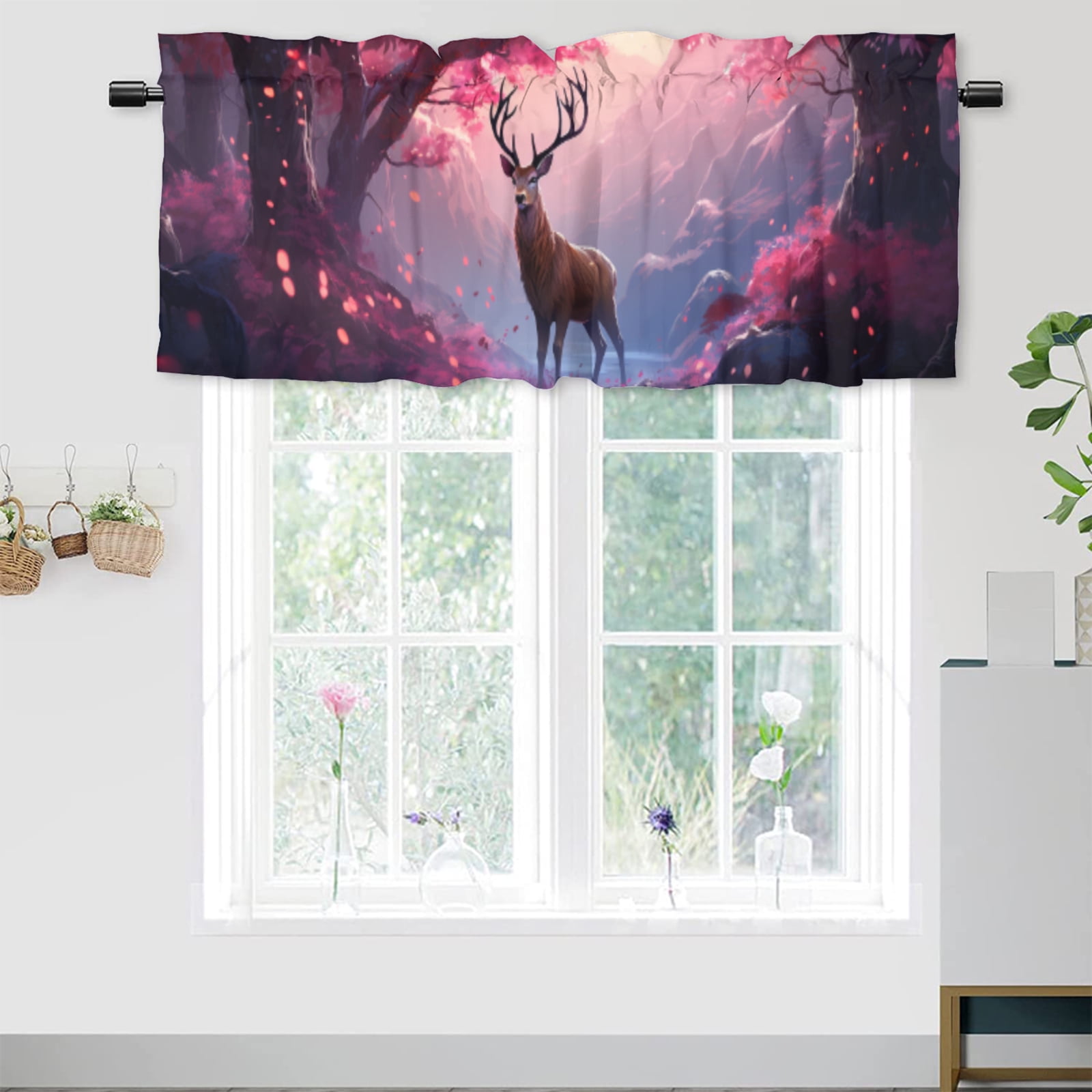 Forest Deer Window Curtain Valances Spring Wild Animals Pink Flowers ...
