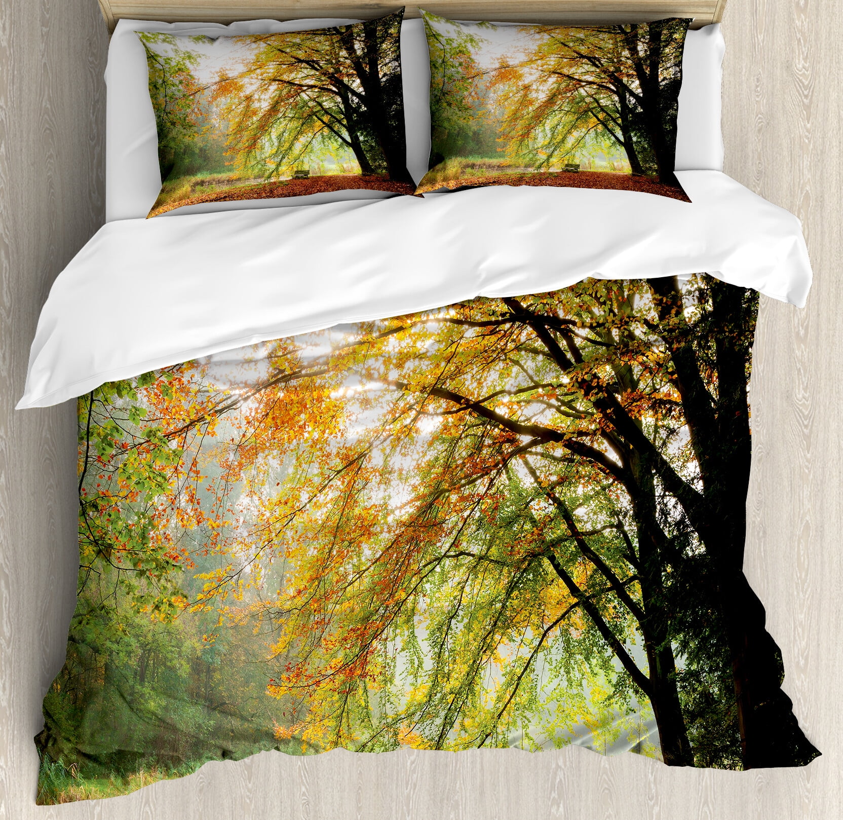 Forest Duvet Cover Set, Autumn View in a Forest with Faded Color Leaves ...
