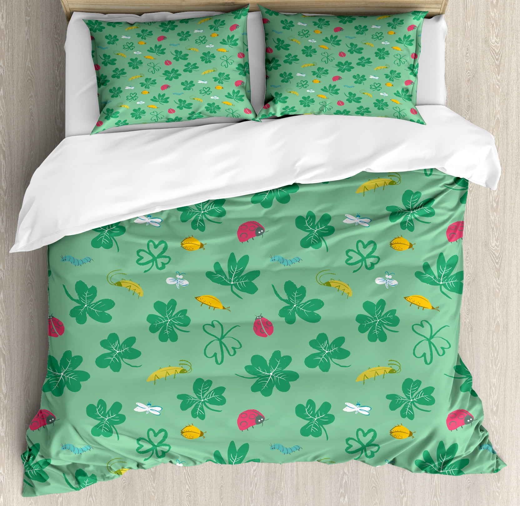 Forest Duvet Cover Set, Clover Leaves and Ladybug Beetles Dragonfly ...