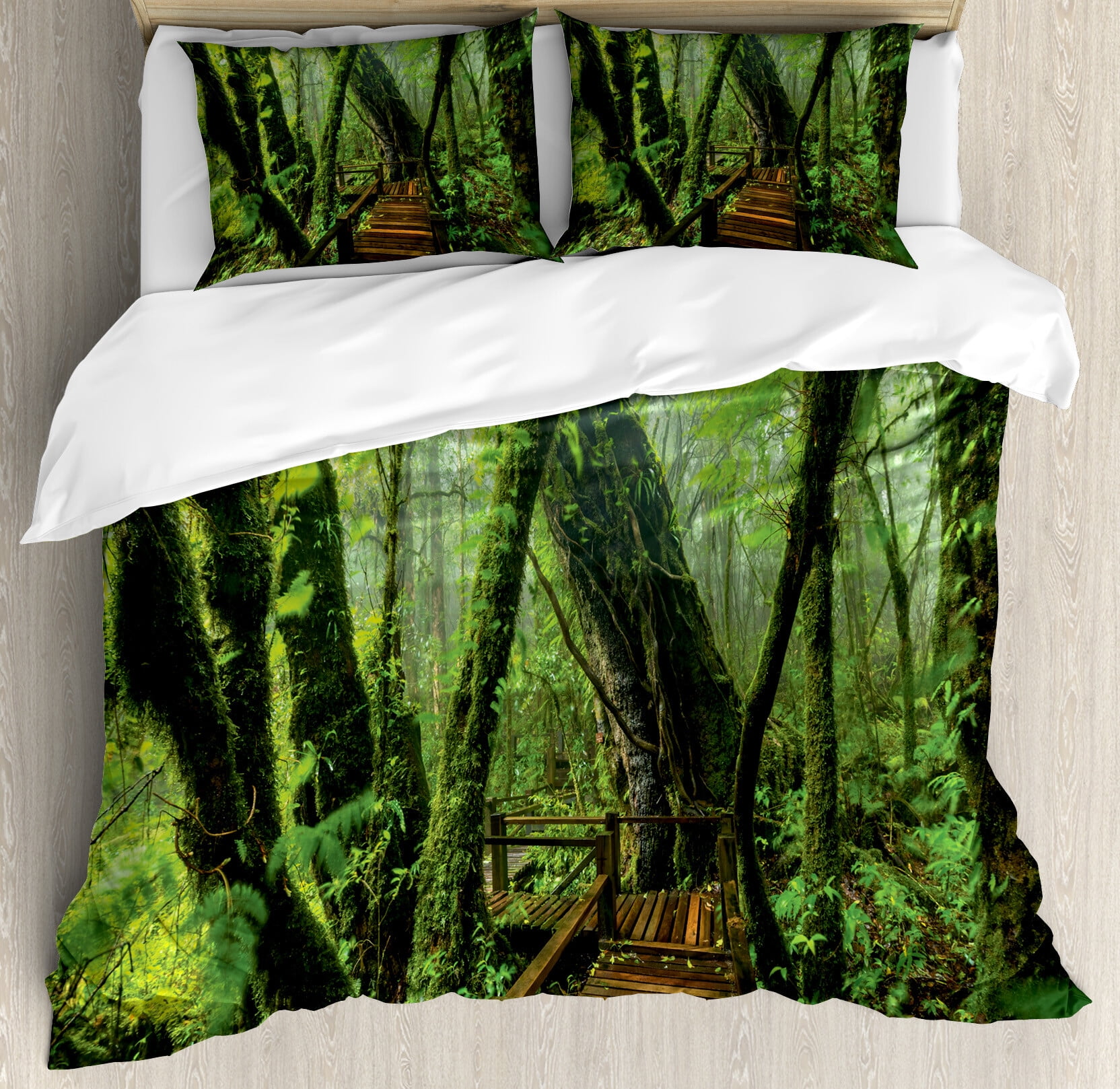Forest Duvet Cover Set, Entrance to Deep Dark Evergreen Jungle Surreal ...