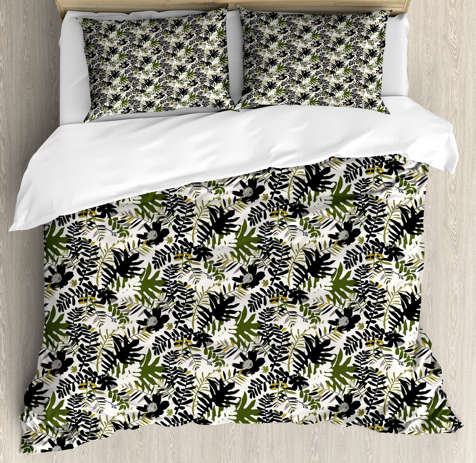 Forest Duvet Cover Set, Exotic Fern and Palm Leaves and Flowers in ...