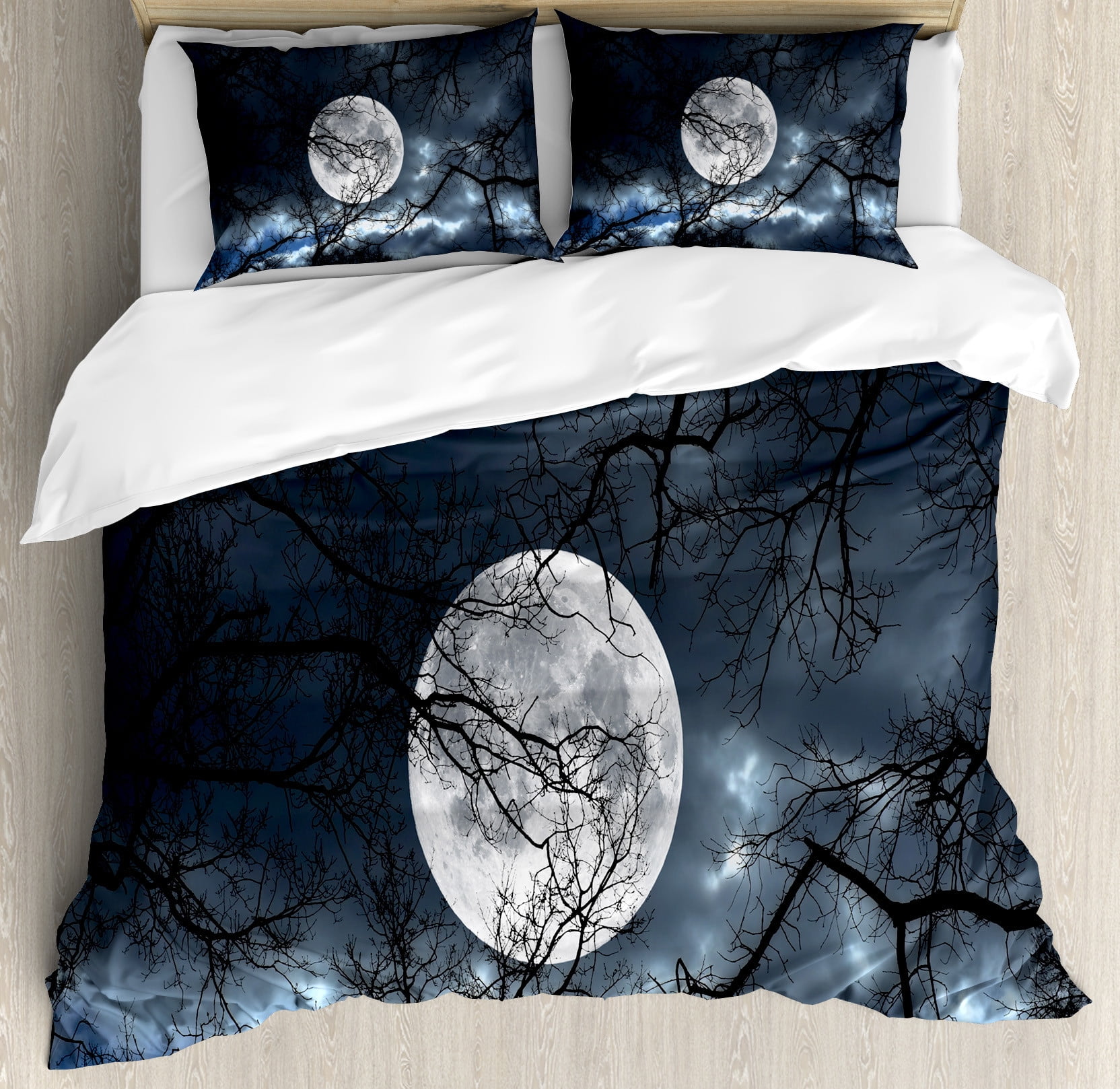 Forest Duvet Cover Set, Full Moon at Night in Forest Winter Time ...