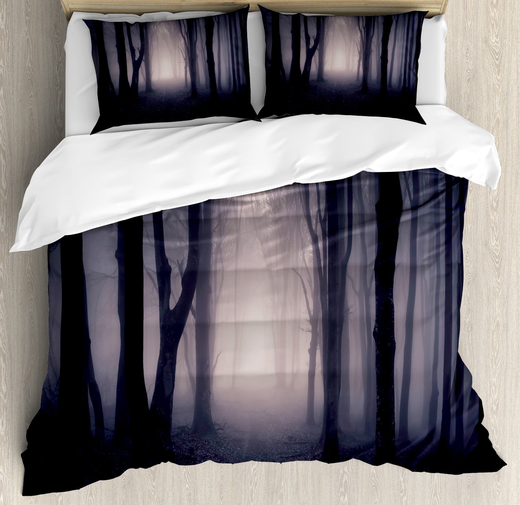 Forest Duvet Cover Set, Path in Dark Deep Woodland Fog Halloween Creepy ...