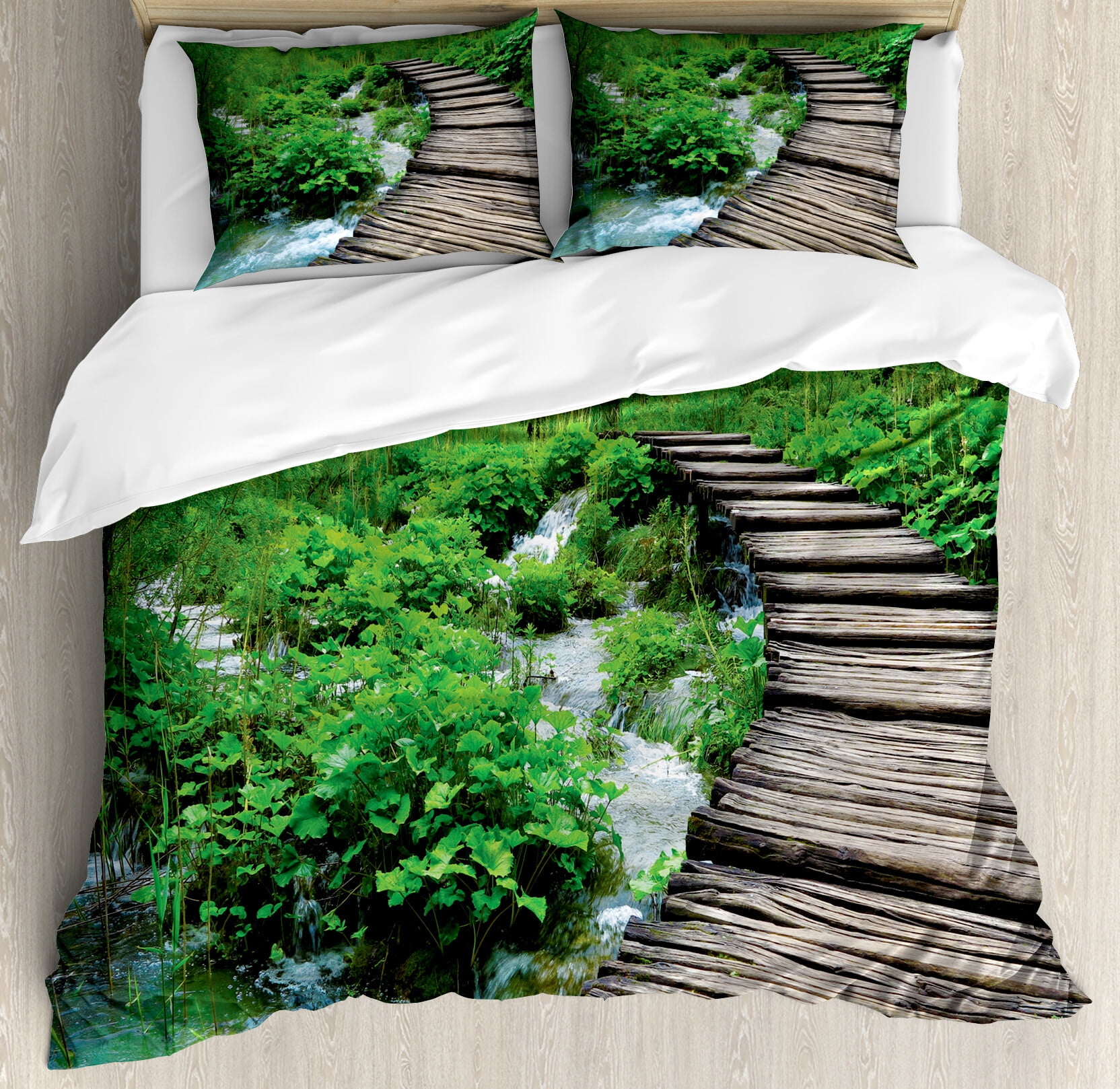 Forest Duvet Cover Set, Path and the Waterfall Board in Croatia Cascade ...