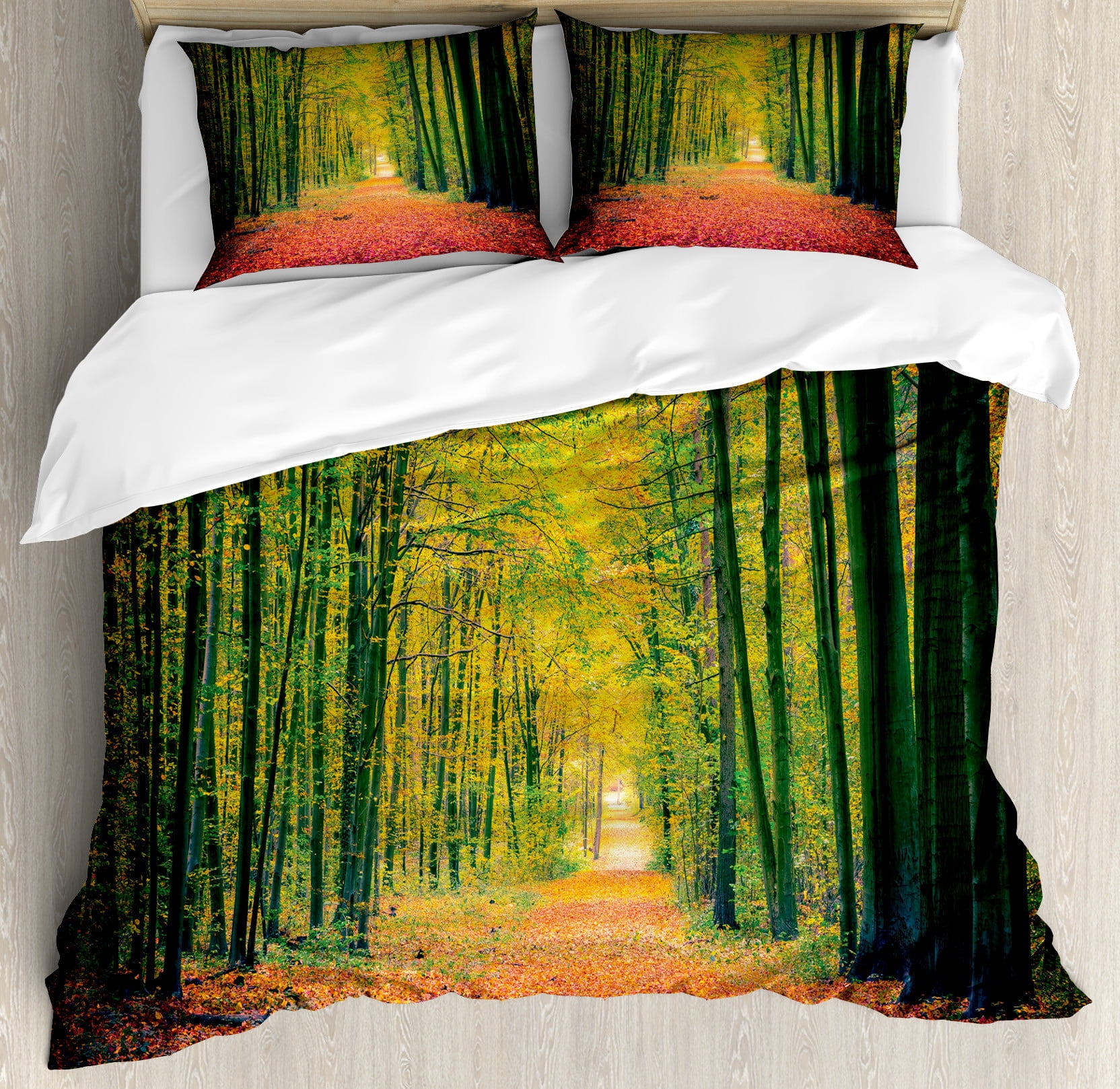 Forest Duvet Cover Set, Pathway in Autumn Dramatic Road to Infinity ...