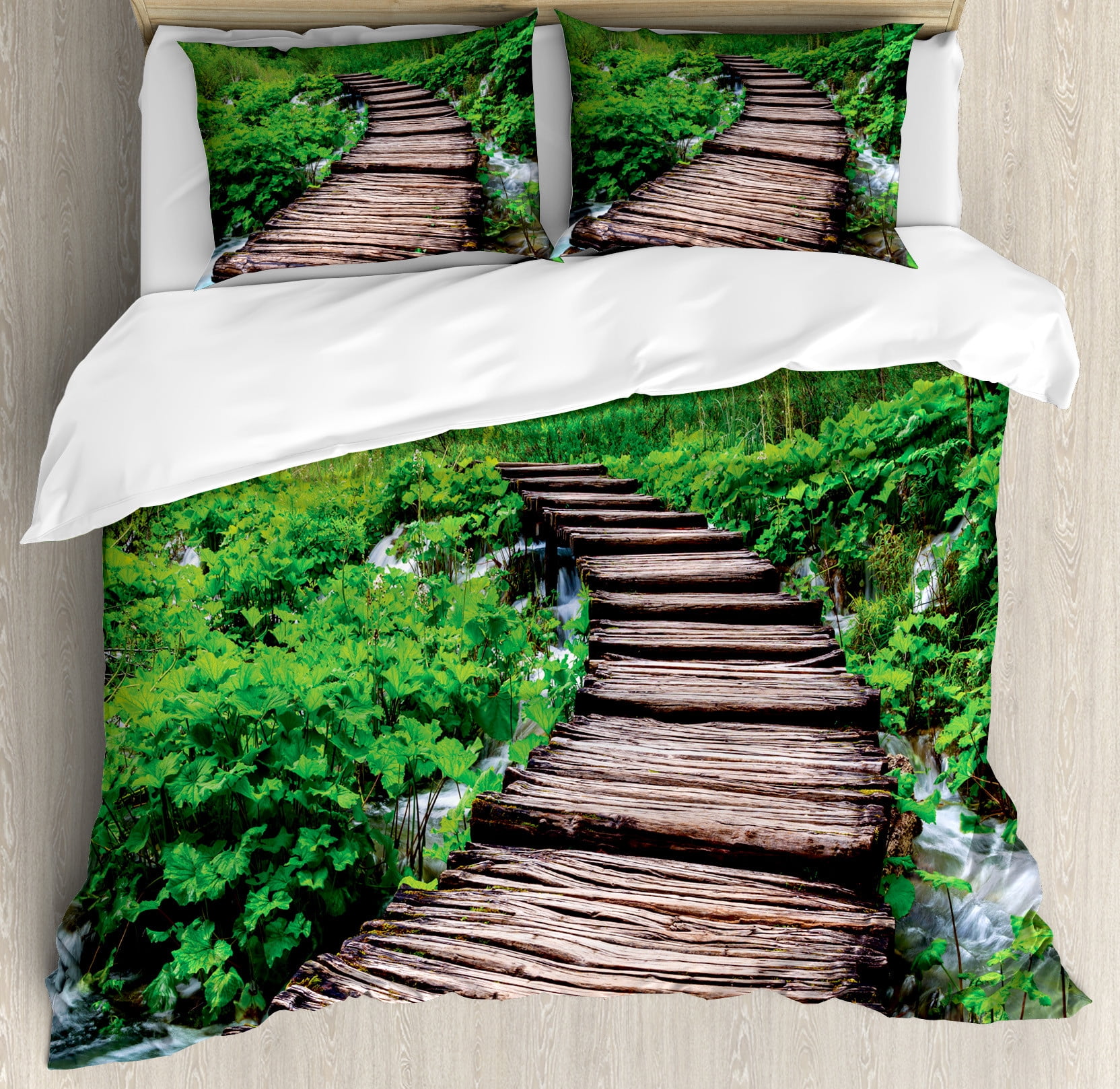Forest Duvet Cover Set, Pathway in Pond over the Lake Natural Organic ...