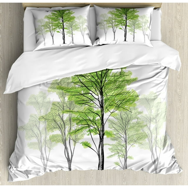 Forest Duvet Cover Set Queen Size, Sketch Style Tree with Green Leaves ...