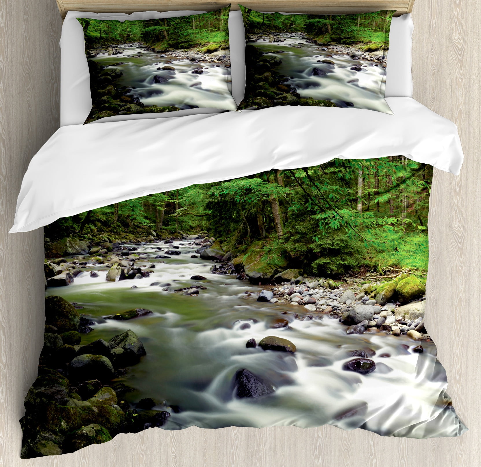 Forest Duvet Cover Set, Rushing Riverbed with Rocks Trees Mountain ...
