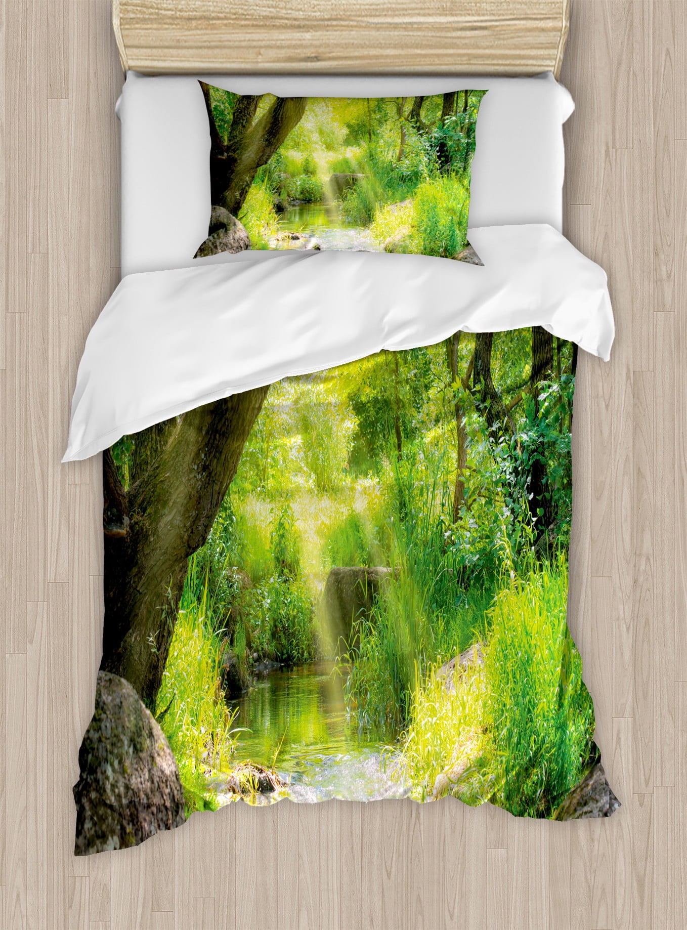 Forest Duvet Cover Set, Stream Cascade in Tropical Forest Among Trees ...