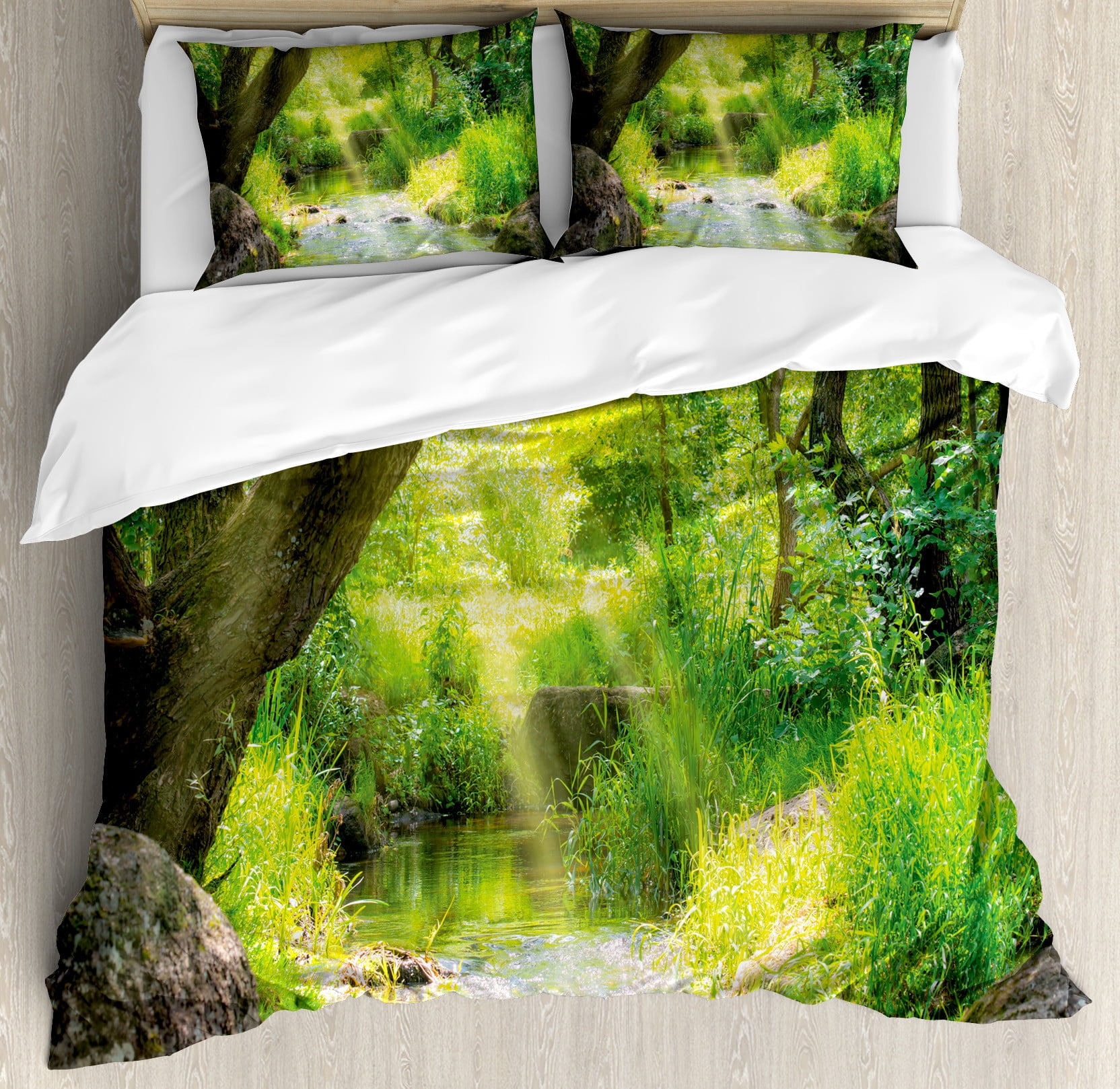 Forest Duvet Cover Set, Stream Cascade in Tropical Forest Among Trees ...