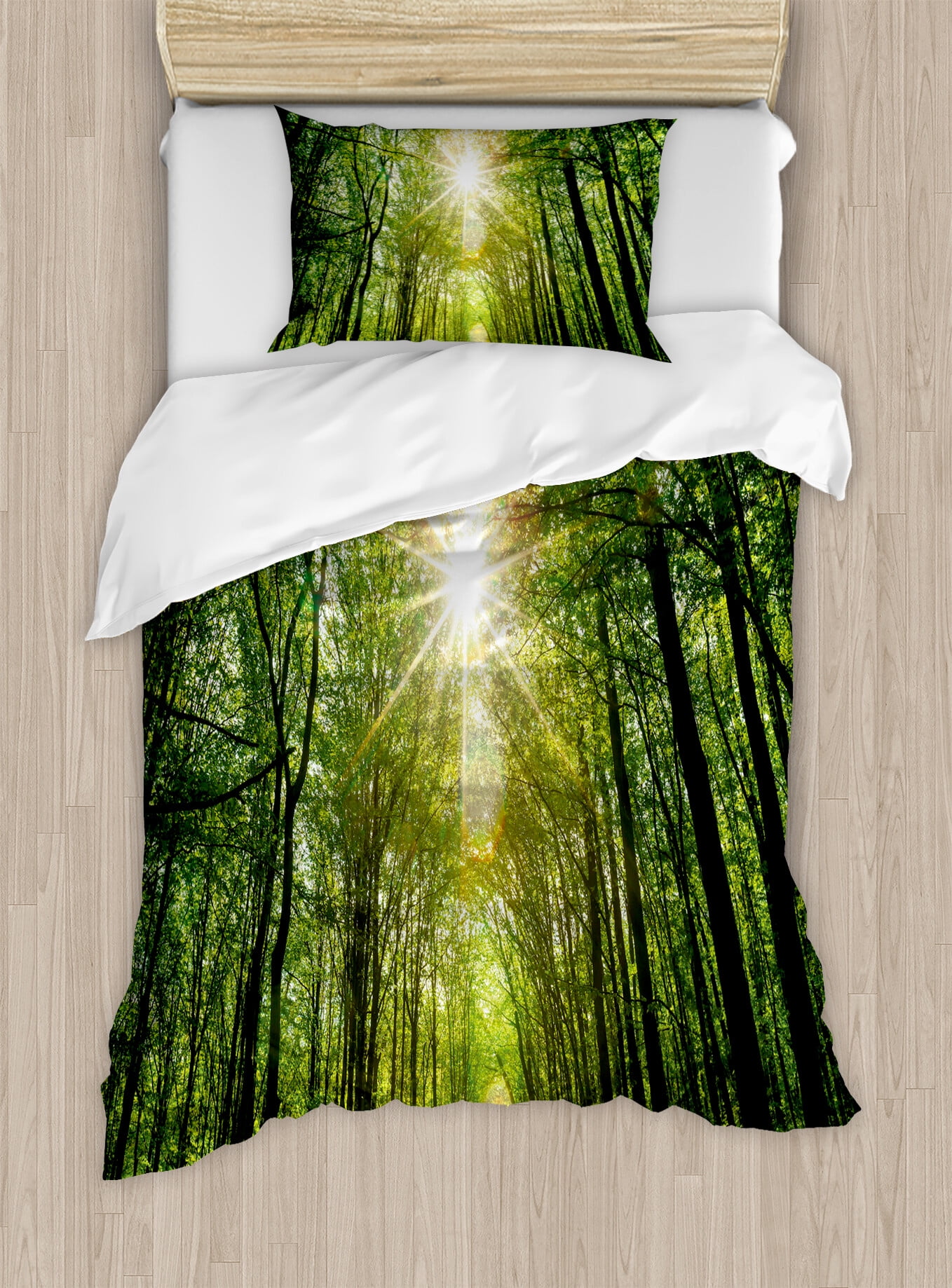 Forest Duvet Cover Set, Summer Trees Upward View with Sunrays Dripping ...