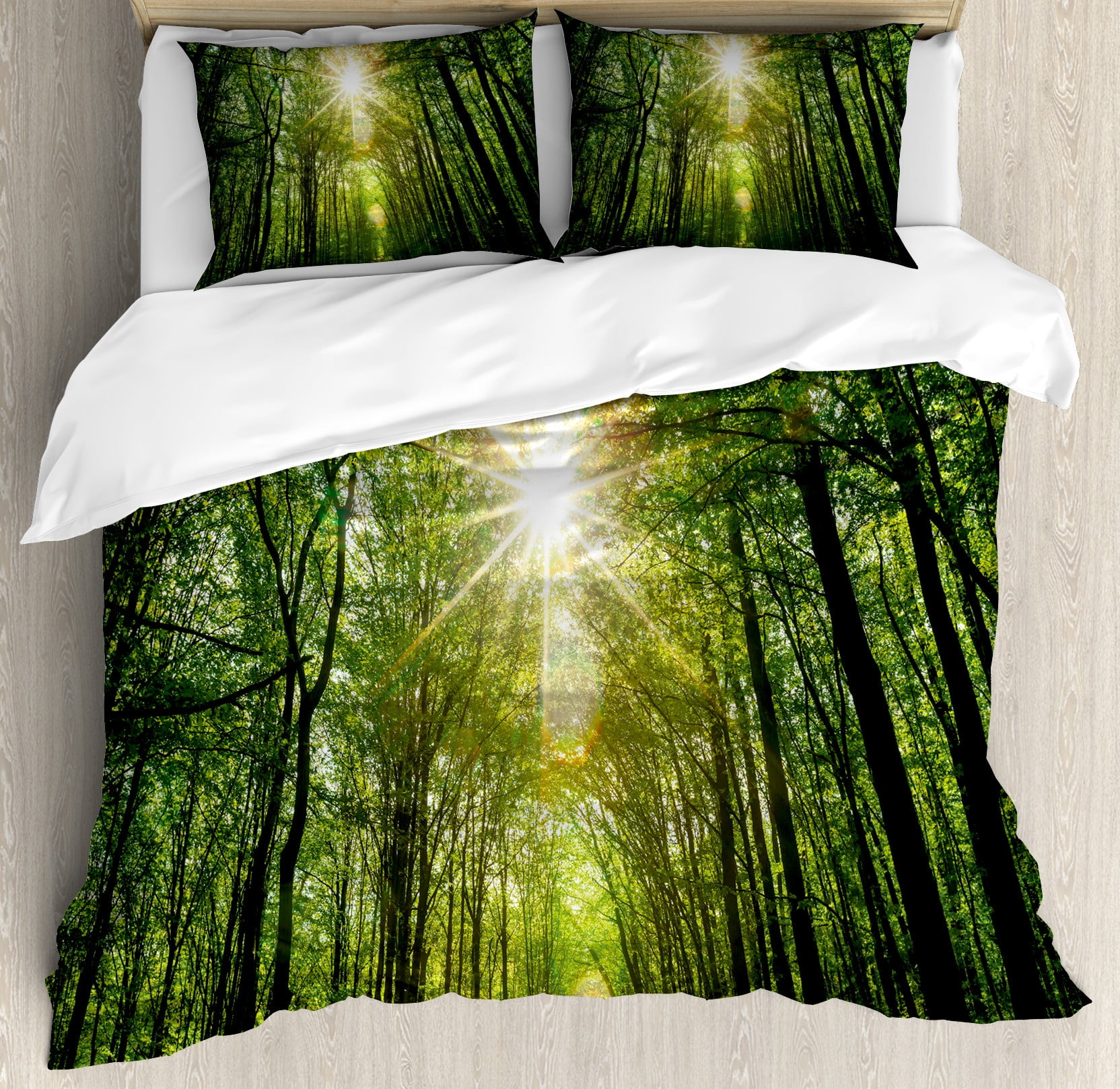 Forest Duvet Cover Set, Summer Trees Upward View with Sunrays Dripping ...