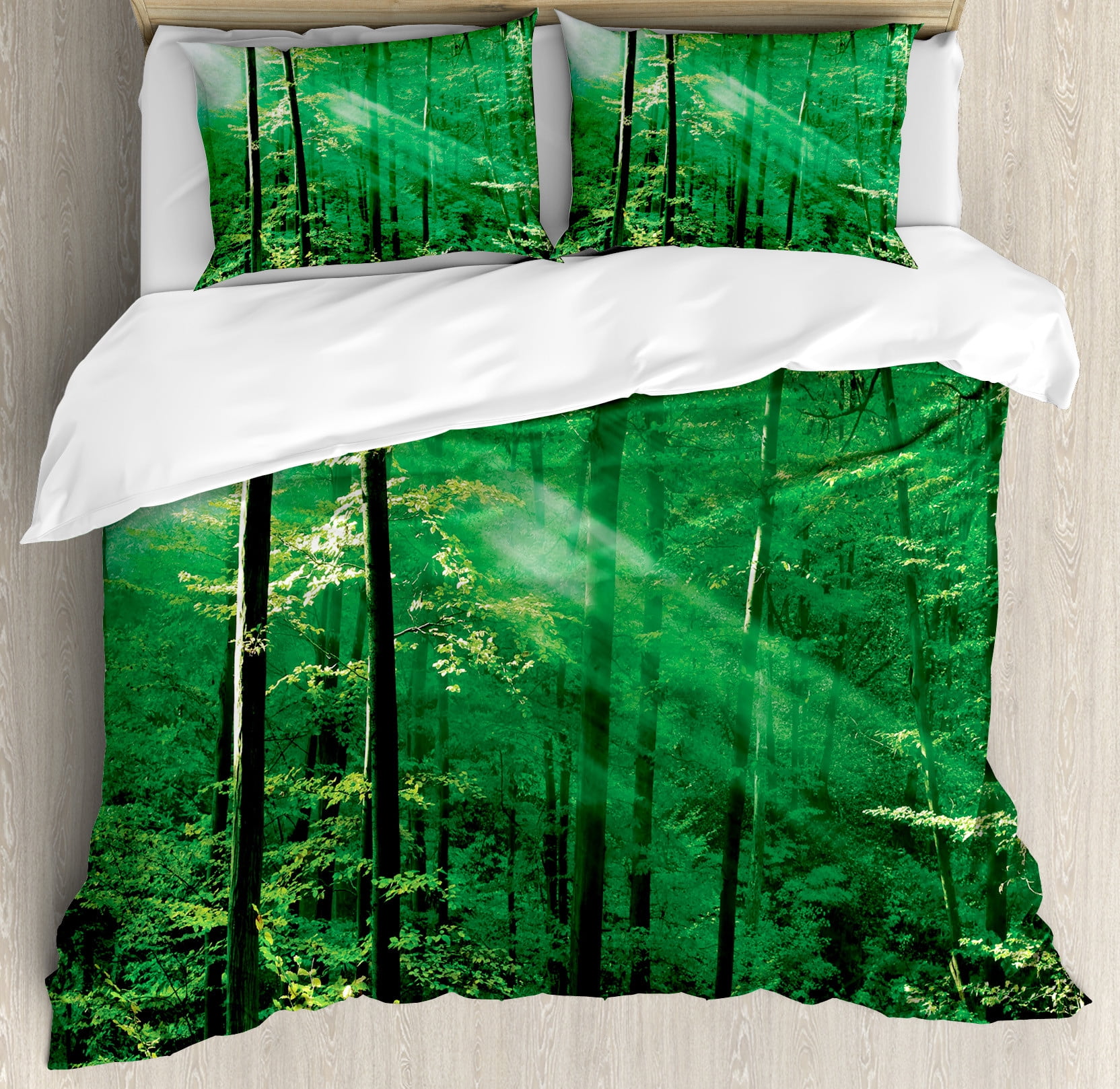 Forest Duvet Cover Set, Sun Rays Bursting into the Forest Trees Foliage ...