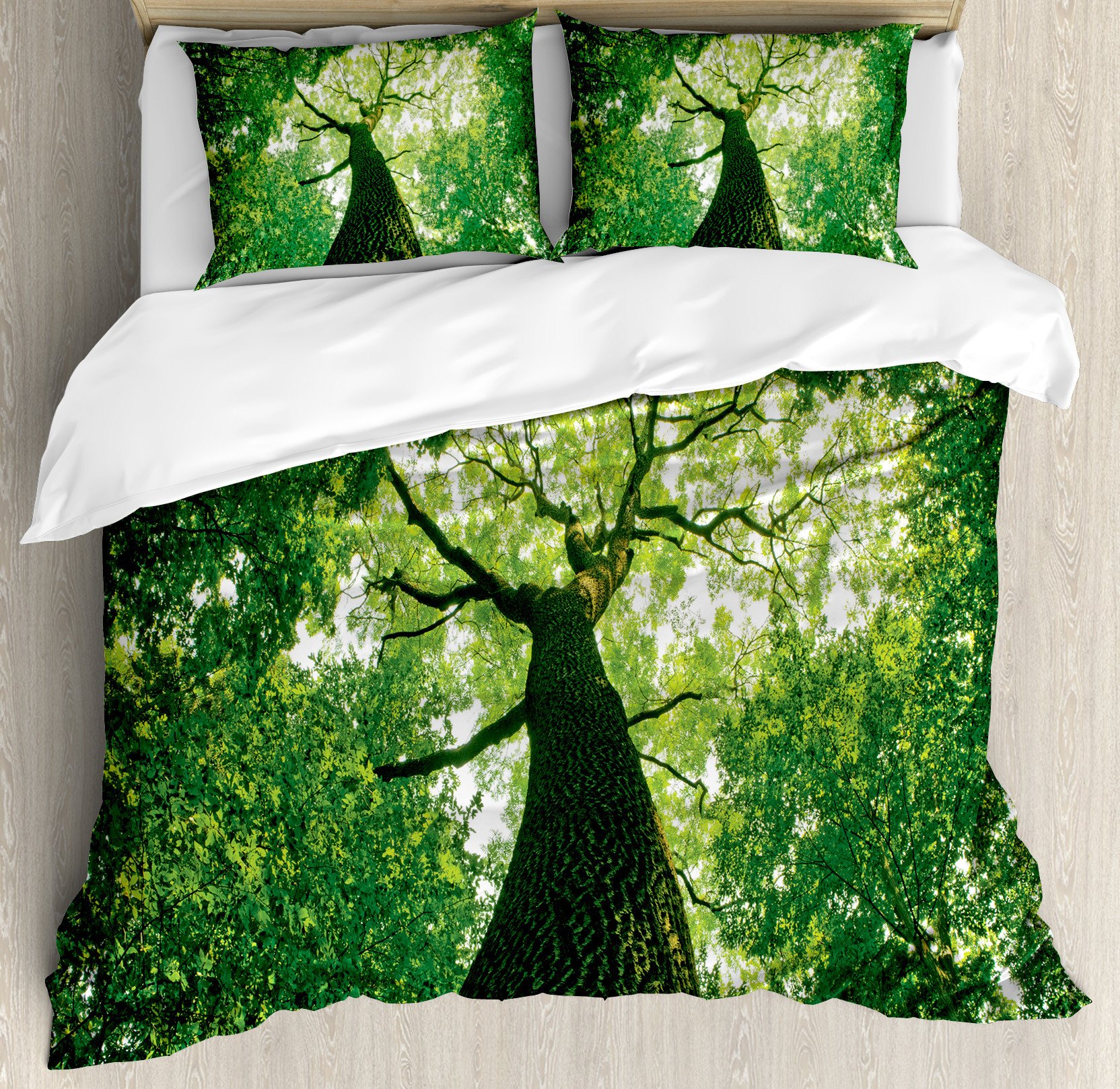 Forest Duvet Cover Set, Tall Old Tree View Sun Rays Top Branches Leaves ...