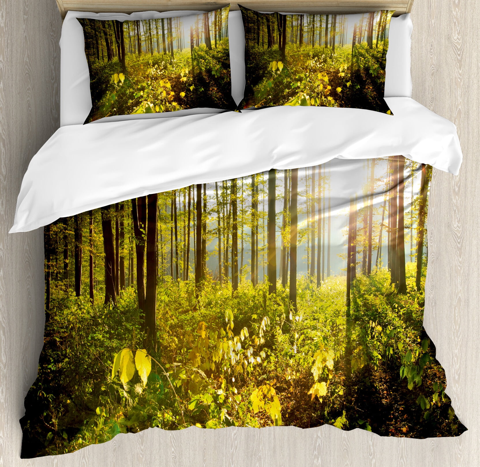Forest Duvet Cover Set, Trees Sun Rays in Woods Foliage Greenery Scenic ...