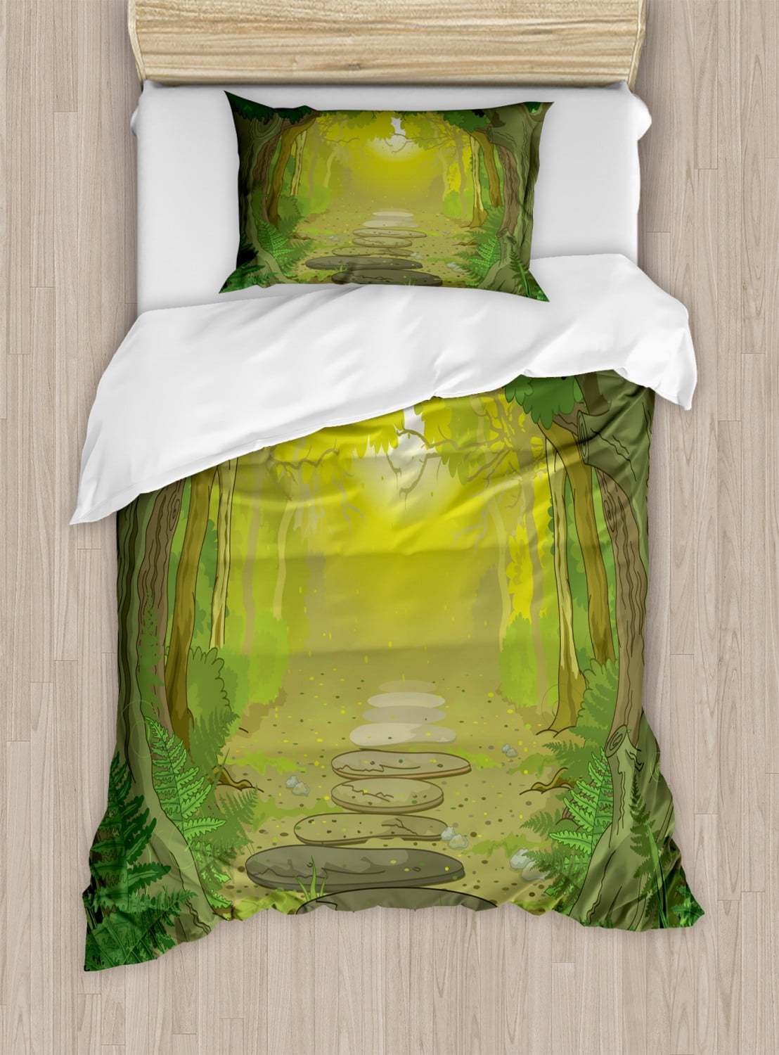 Forest Duvet Cover Set Twin Size, Magical Pathway with Trees and Ferns ...