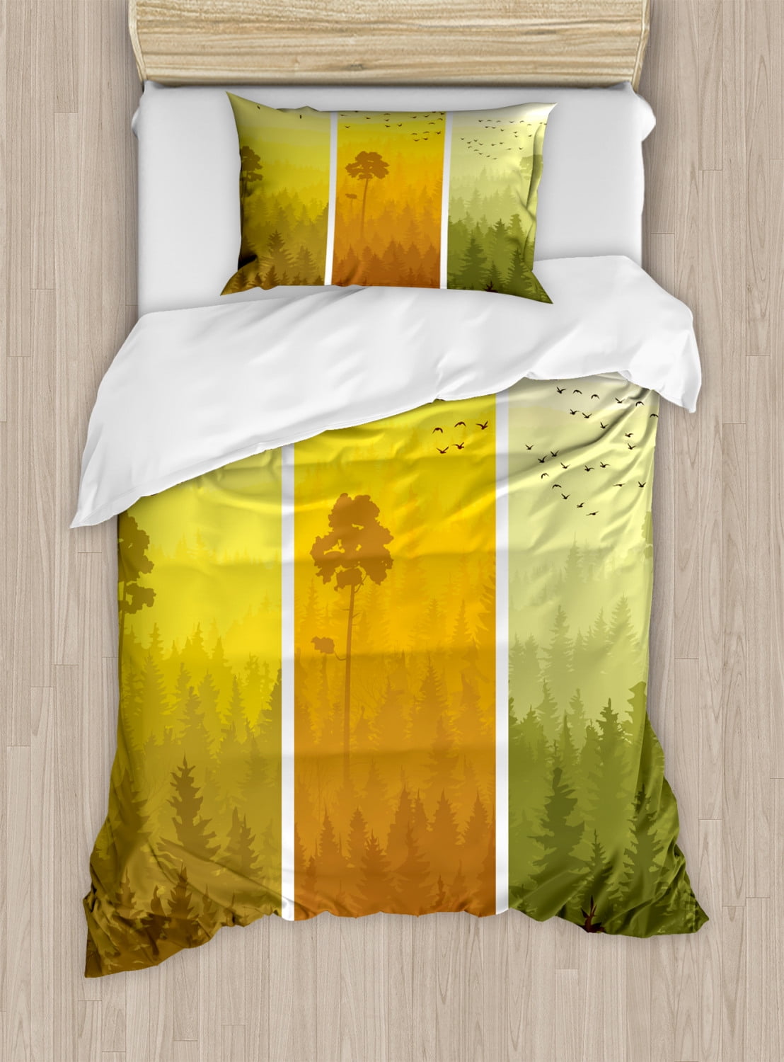 Forest Duvet Cover Set Twin Size, Vertical Banners with Hills Trees and ...