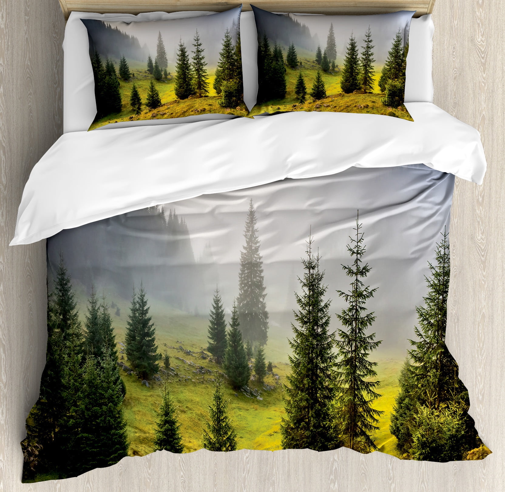 Forest Duvet Cover Sets, Fir Trees on Meadow Between Hillsides Conifer ...