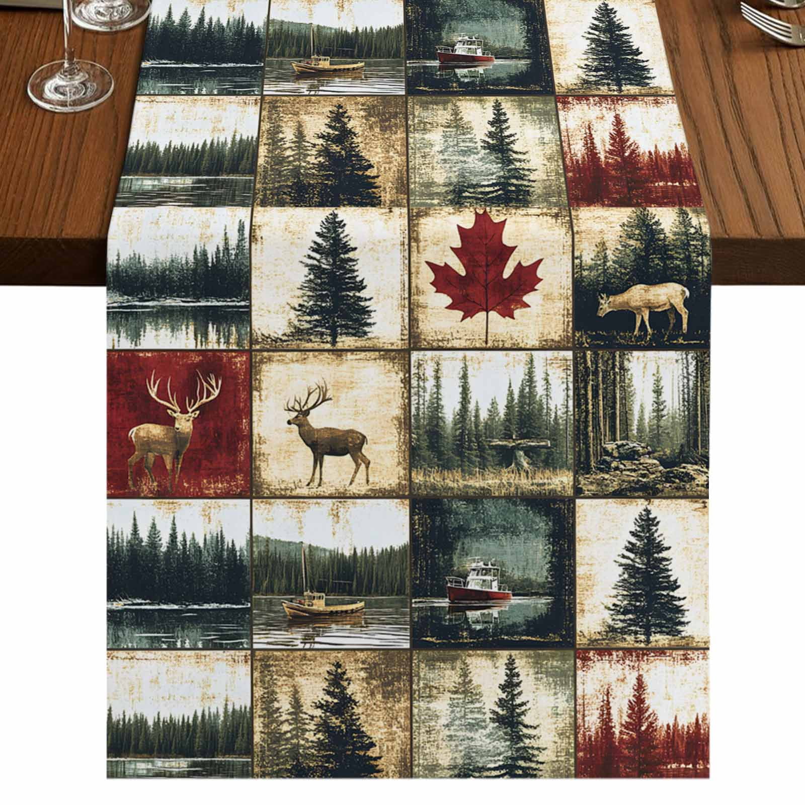 Forest Elk 120 Inch Table Runner, Farmhouse Nautical Boat Pine Tree ...