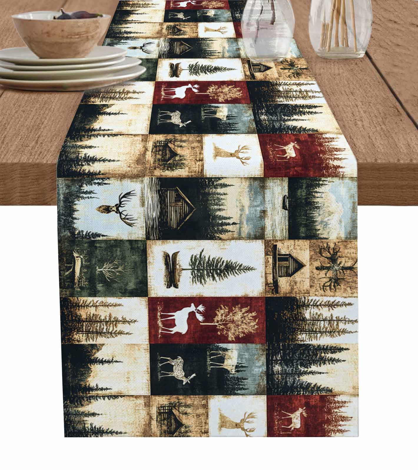 Forest Elk Burlap Cotton Table Runner 13x120 Inches Long, Farmhouse ...