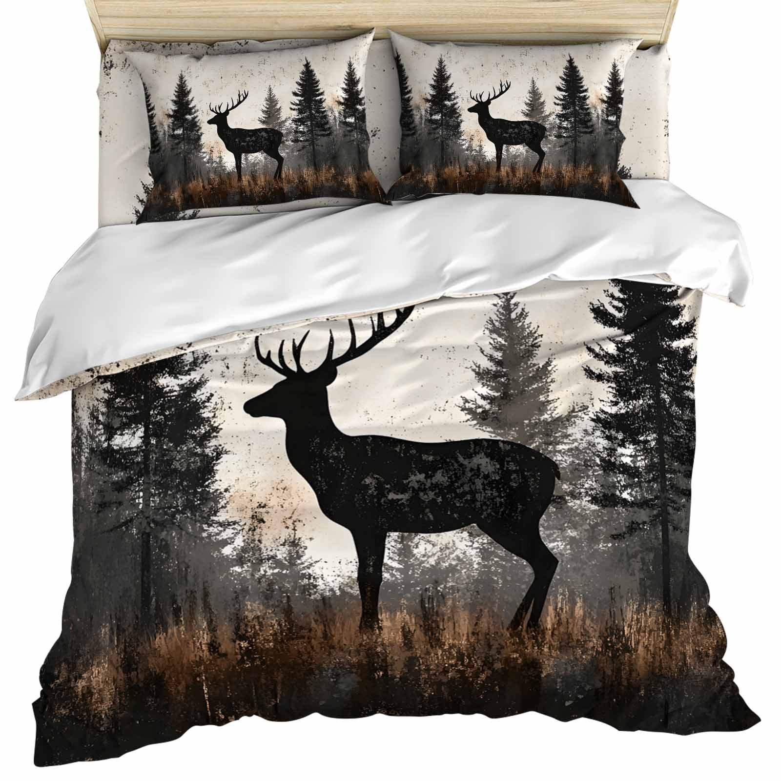 Forest Elk Duvet Cover Set, Rustic Nature Tree Retro Deer Silhouette ...