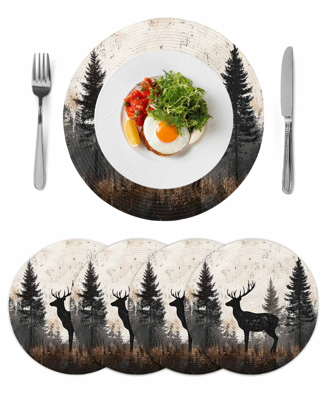 Forest Elk Round 15 Inch Placemats Set of 4, Rustic Nature Tree Retro ...