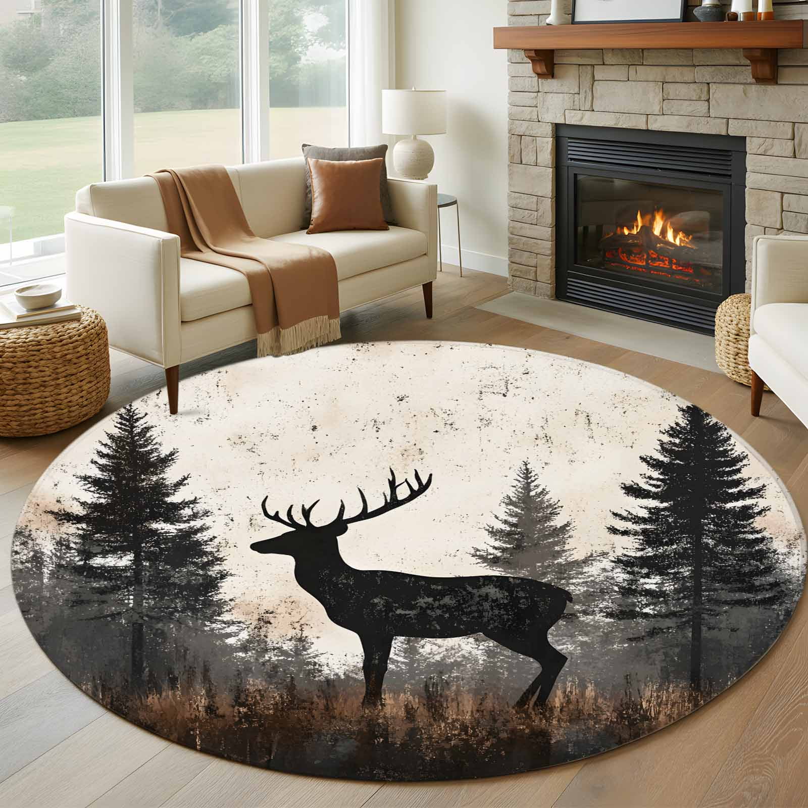 Forest Elk Round Area Rug 6 FT, Non Slip Bedroom Area Rug, Rustic ...