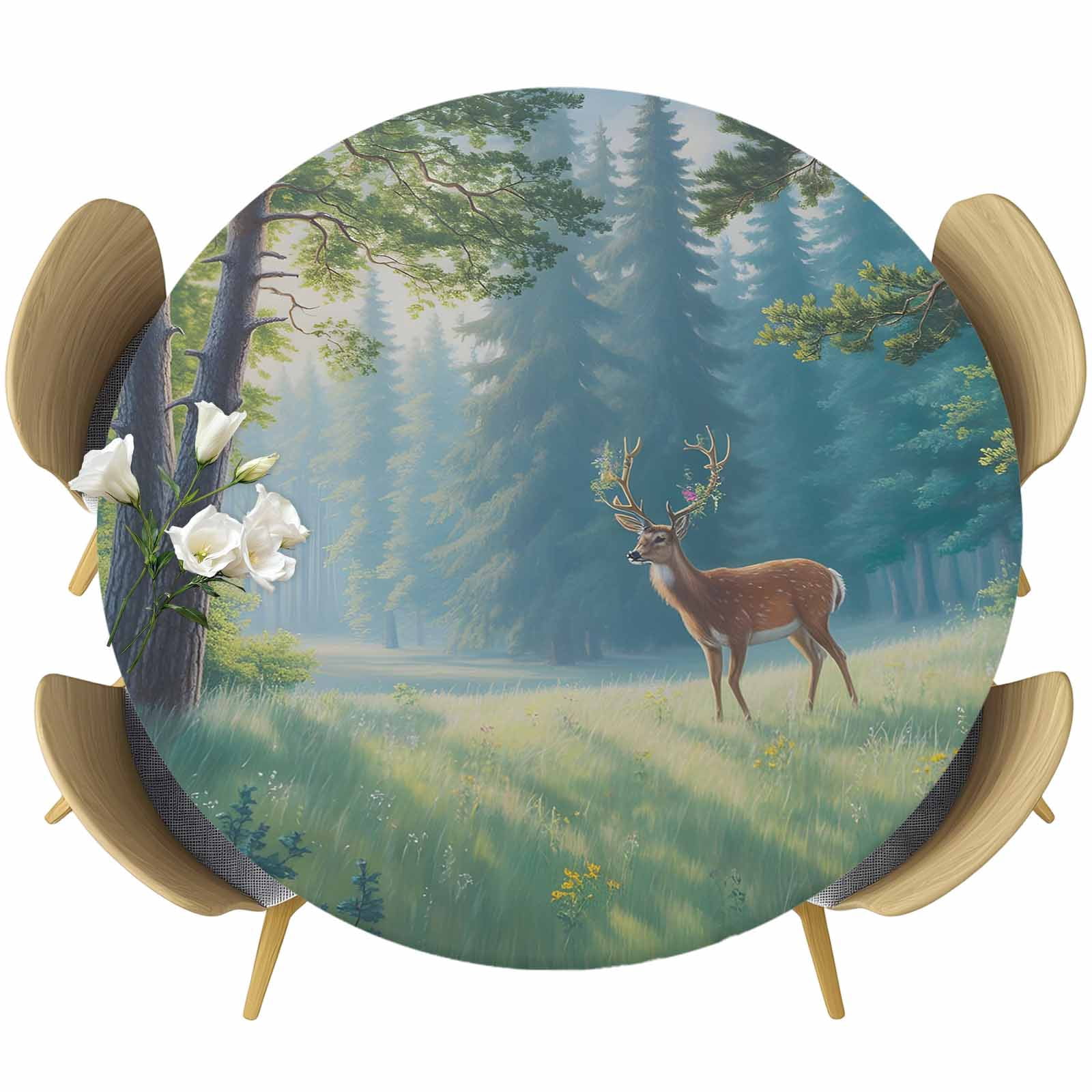Forest Elk Round Tablecloth, Fitted Table Cover with Elastic for 36"-44 ...