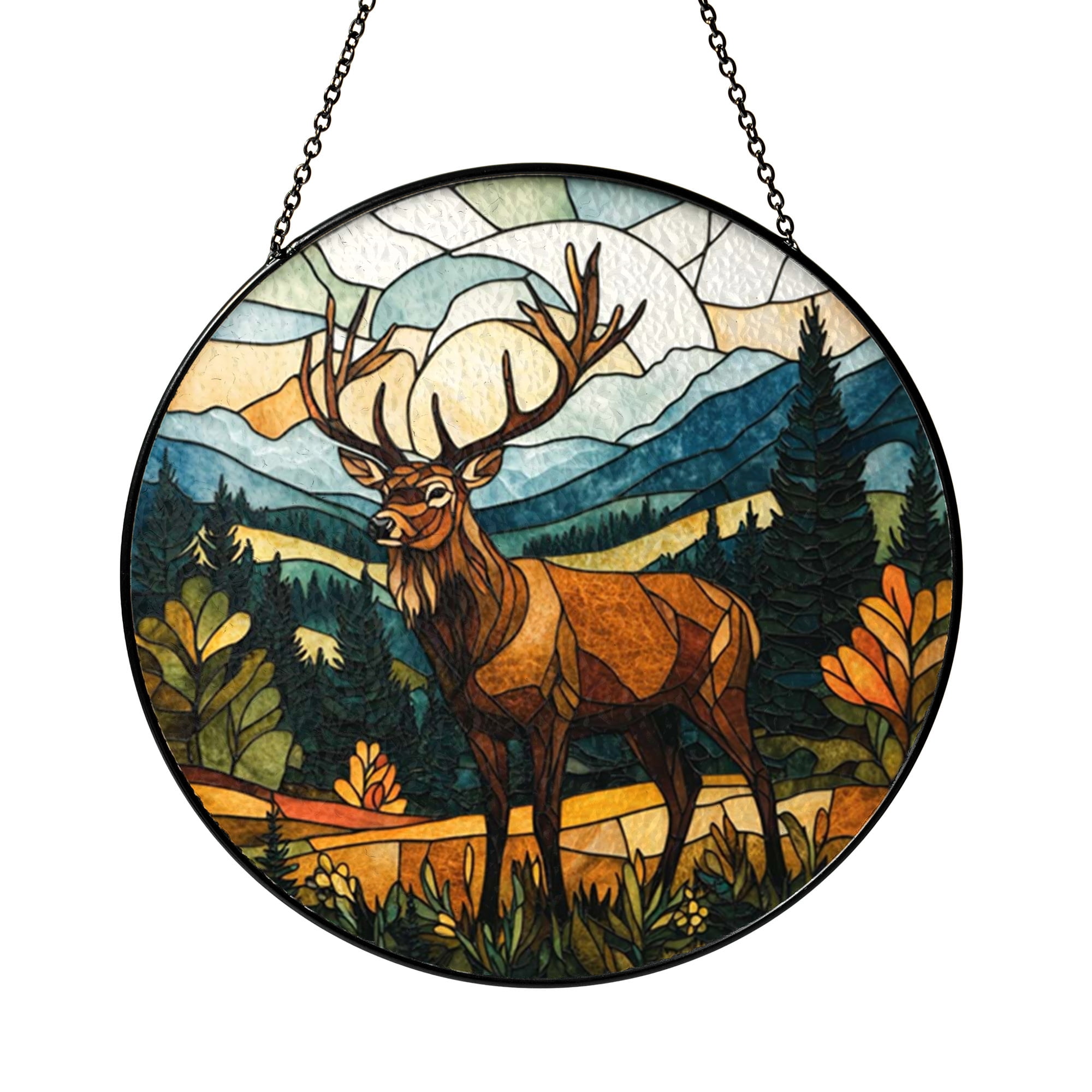 Forest Elk Scene Round Suncatcher – Stained Glass Style Window ...