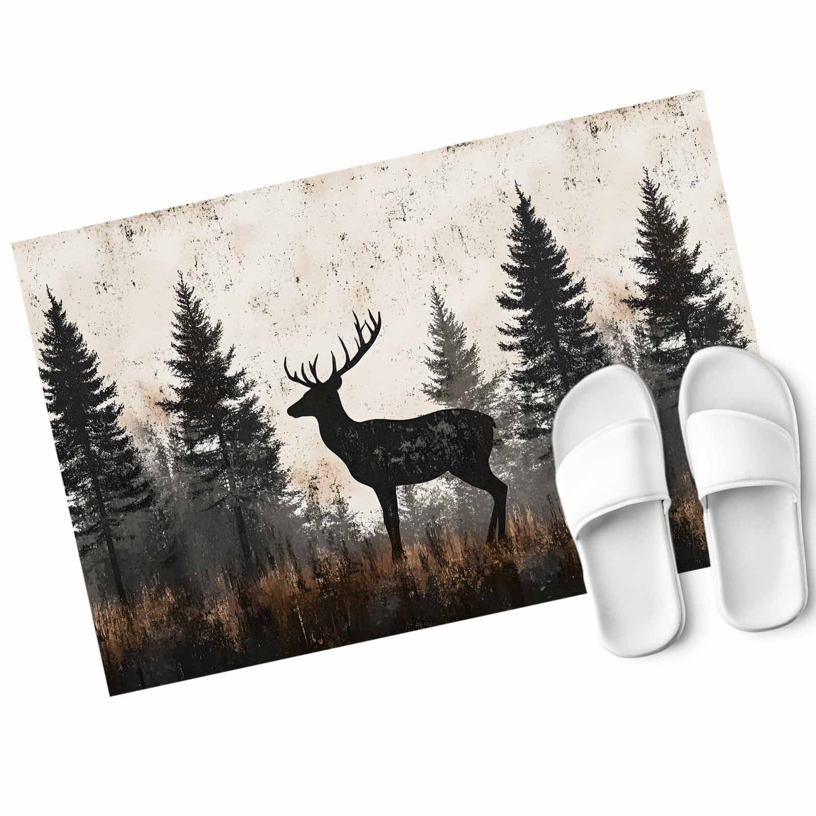 Forest Elk Silhouette Door Mat Retro Animal Tree Non Slip Absorbent ...