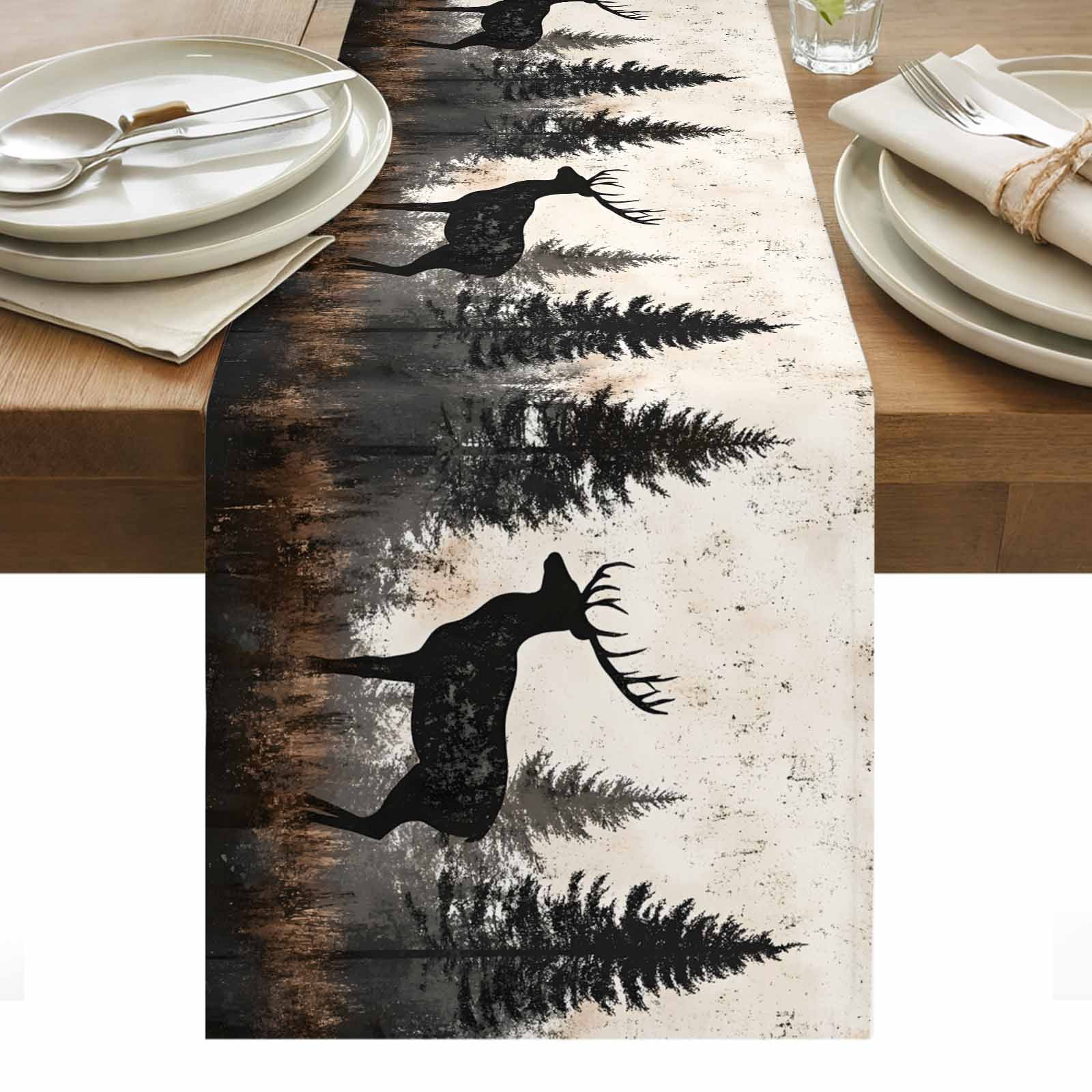 Forest Elk Silhouette Table Runner 16 x 72 Inch, Retro Animal Tree ...