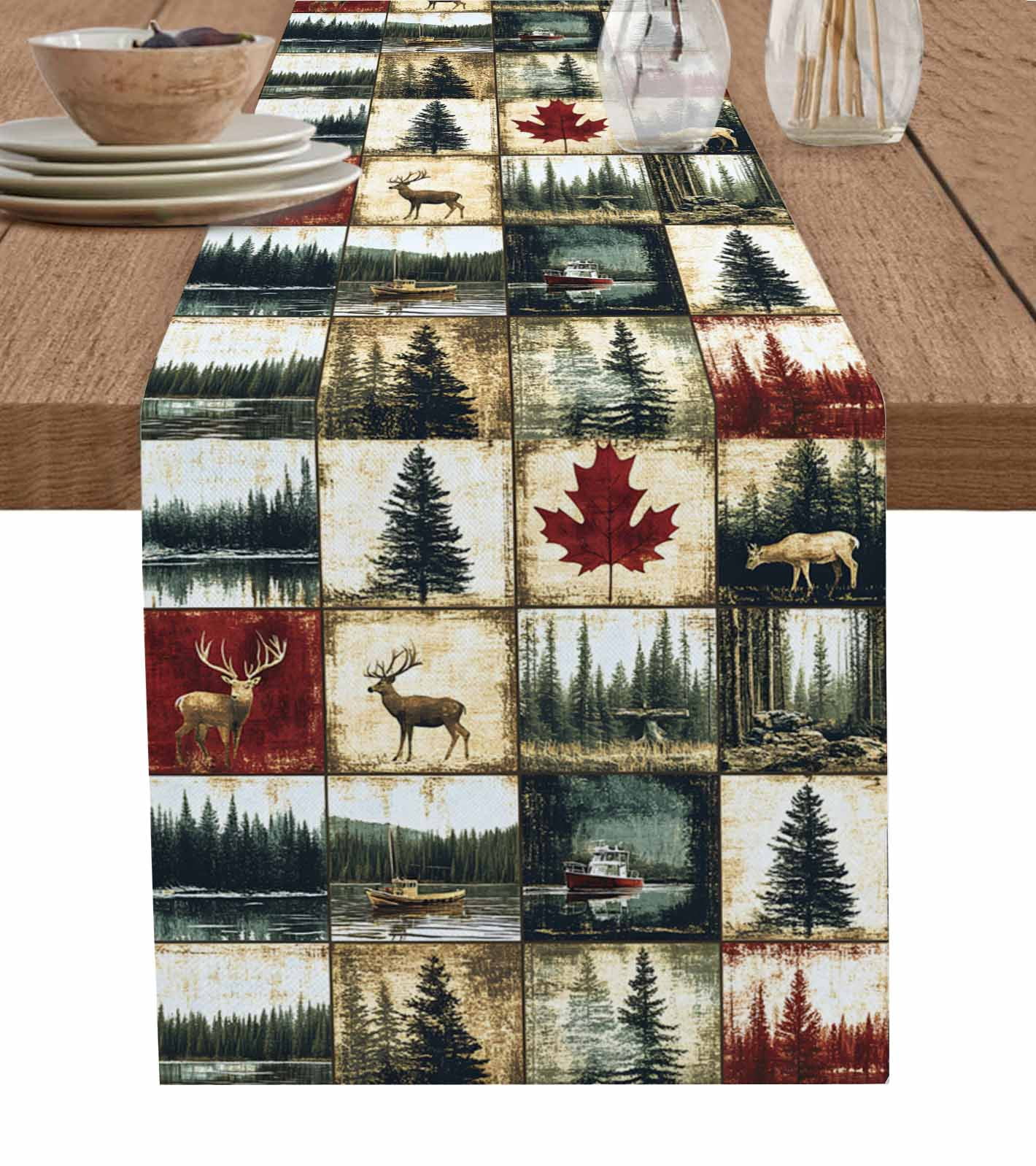 Forest Elk Table Runner 72 Inches, Farmhouse Nautical Boat Pine Tree ...