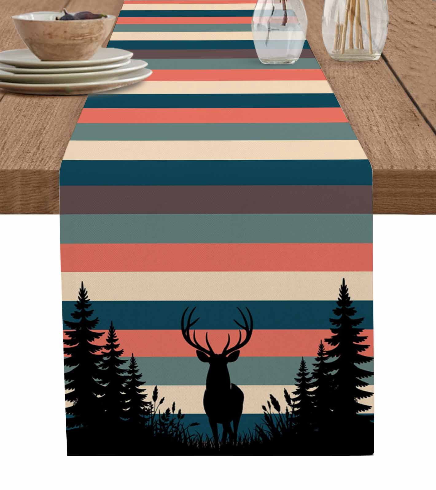 Forest Elk Table Runner 72 Inches, Multicolors Geometric Stripes Plant ...