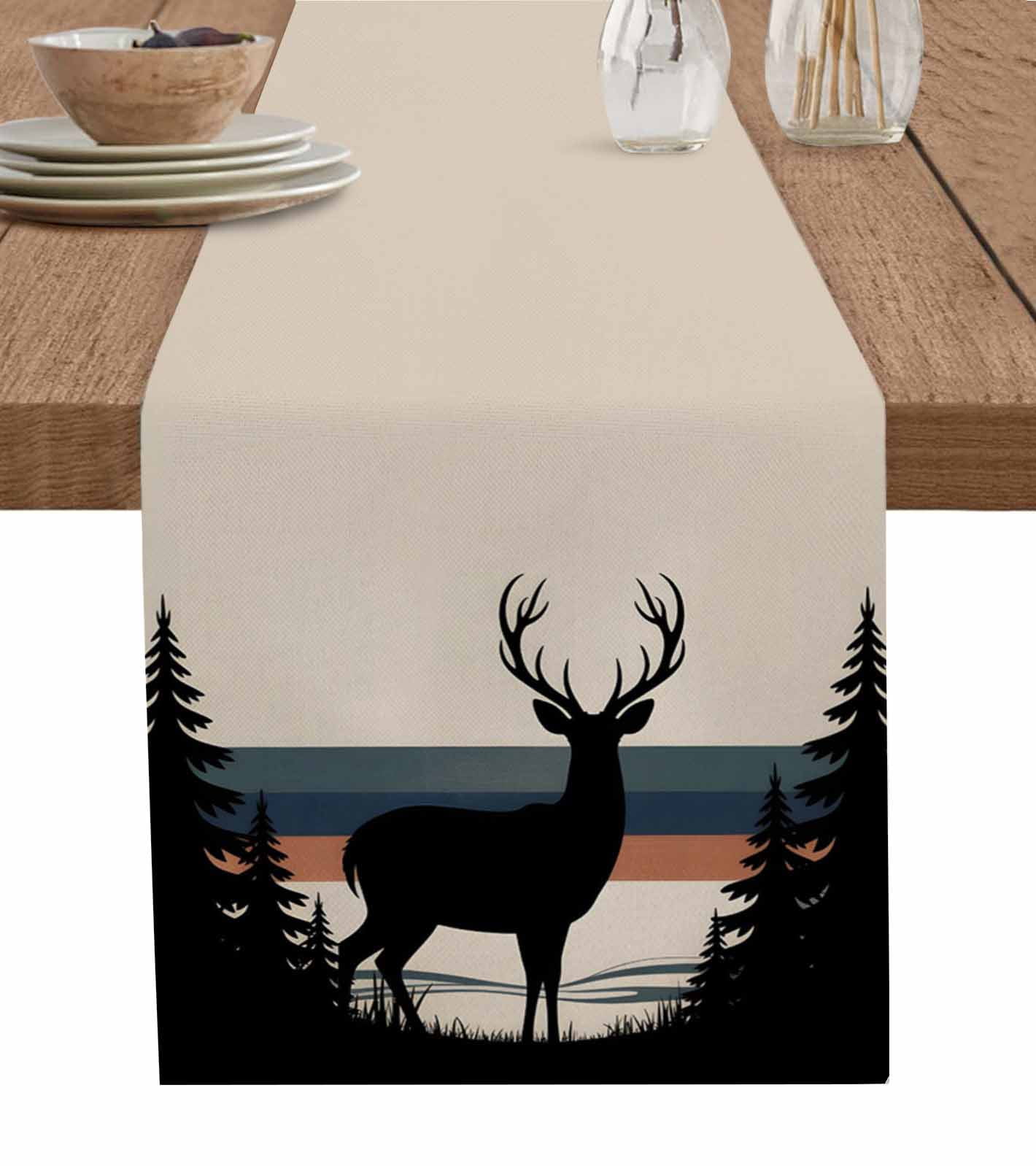 Forest Elk Table Runner 90 Inches, Animal Antlers Silhouette Tree ...