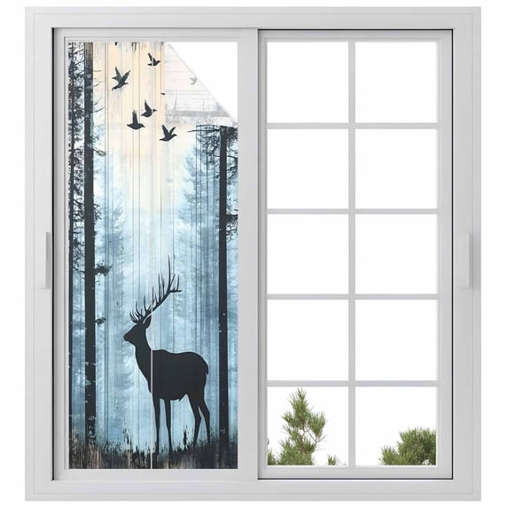 Forest Elk Window Privacy Film, Deer Birds Nature Tree Antlers Mountain ...