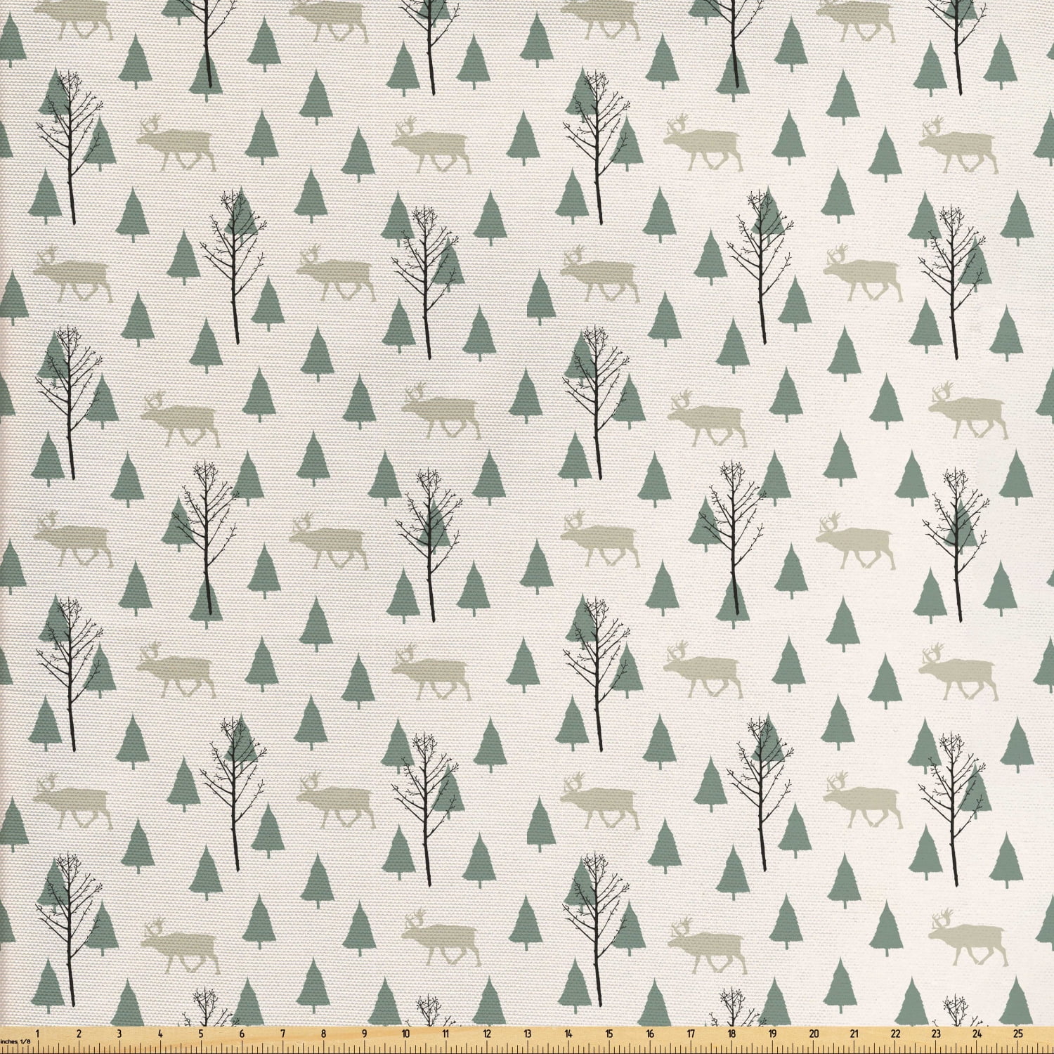 Forest Fabric by the Yard Upholstery, Pine Trees Reindeers Winter Theme in Simplistic Tones ...