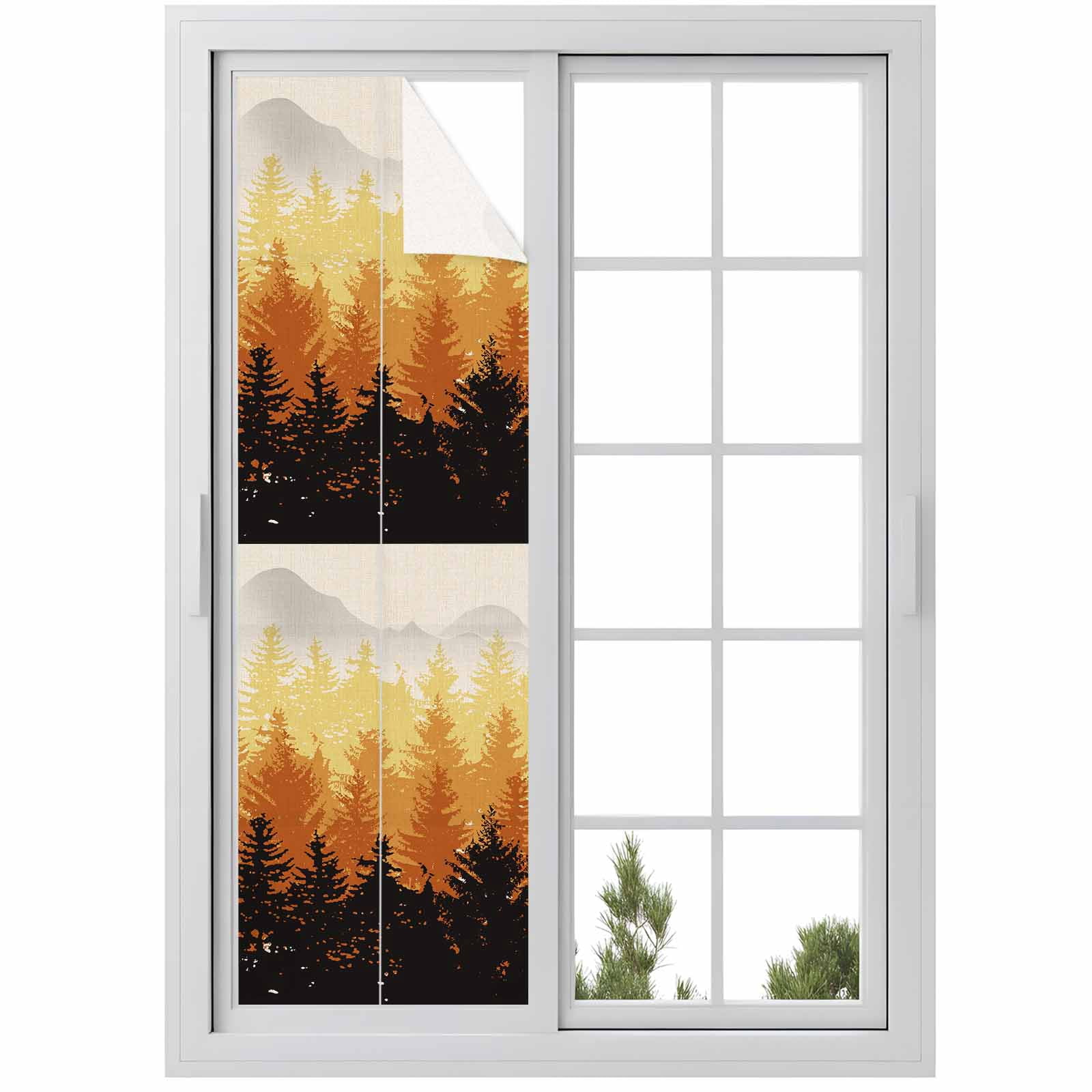 Forest Fall Window Privacy Film, Vintage Mountain Wood-land Foggy Tree ...