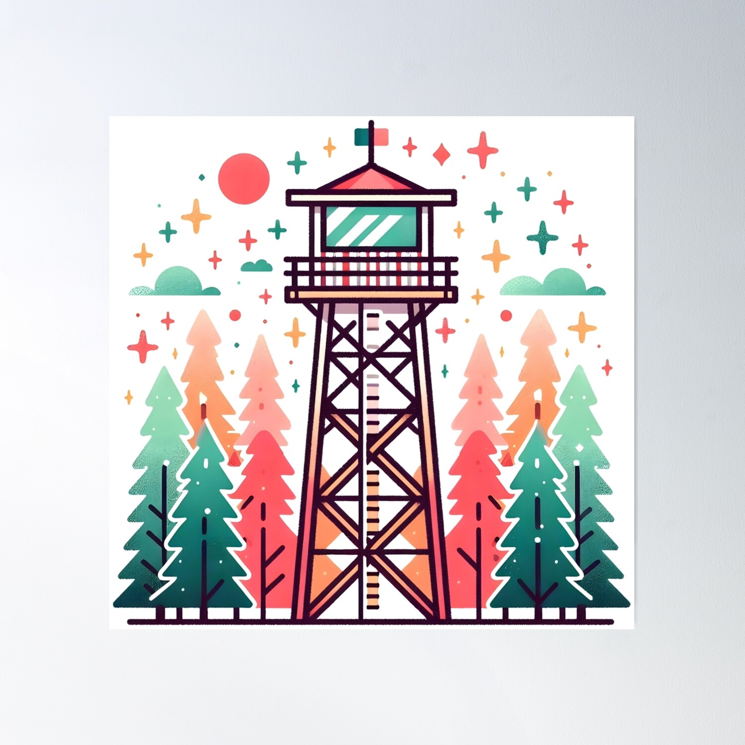 Forest Fire Lookout Tower Poster Wall Art, Modern Wall Decor, 16x16 ...