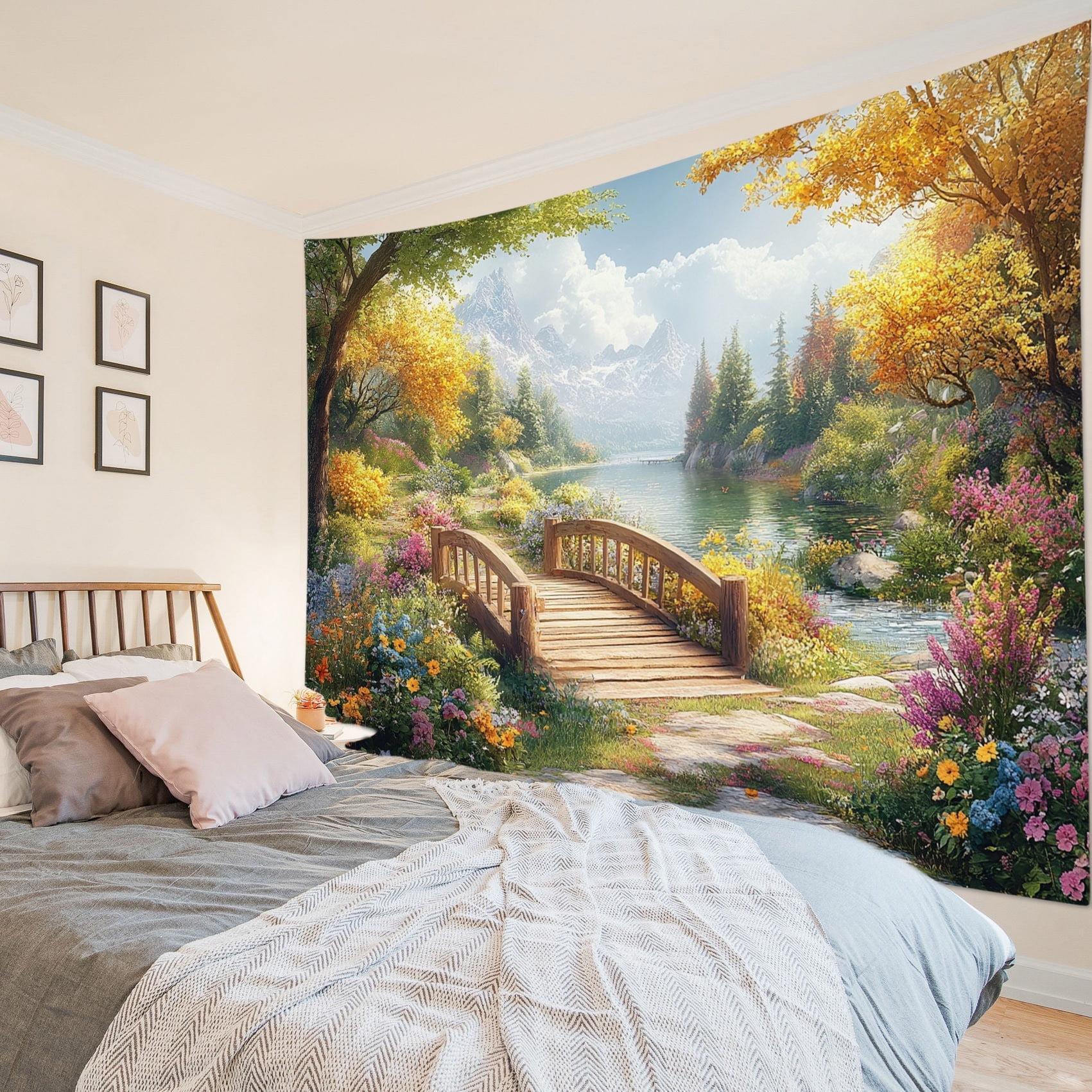 Forest Floral Tapestry Wall Hanging Yellow Green Tree and Colorful ...