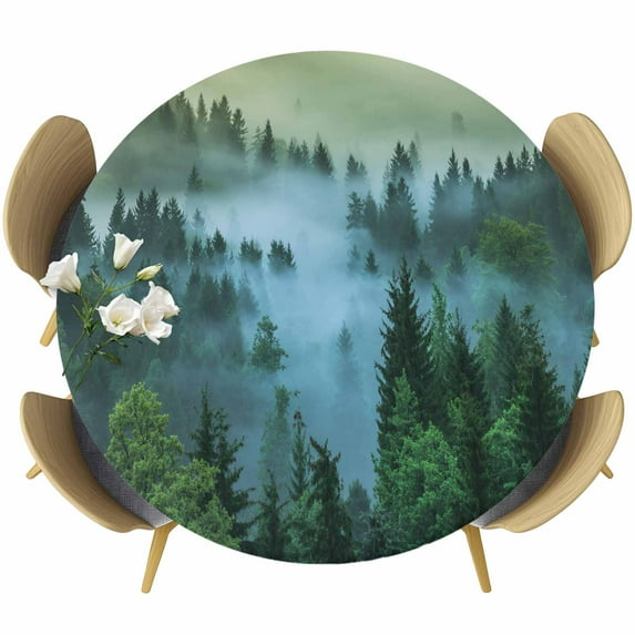 Forest Fog Round Fitted Tablecloth with Elastic Edge, Landscapes Pine ...