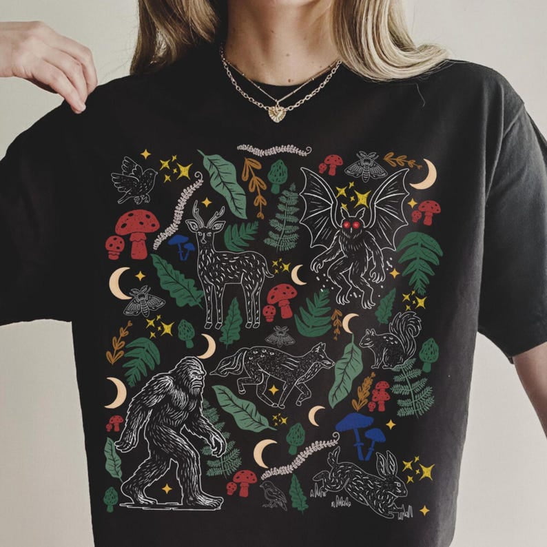 Forest Friends Cryptid Shirt: Linocut Woodland Mothman T-Shirt ...
