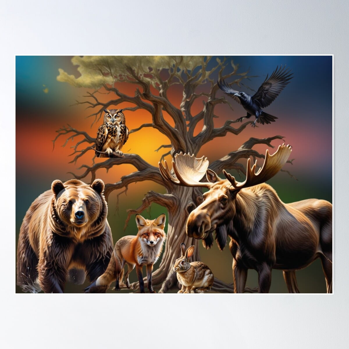 Forest Friends - Moose, Bear, Rabbit, Fox, Owl, And Crow In Front Of ...