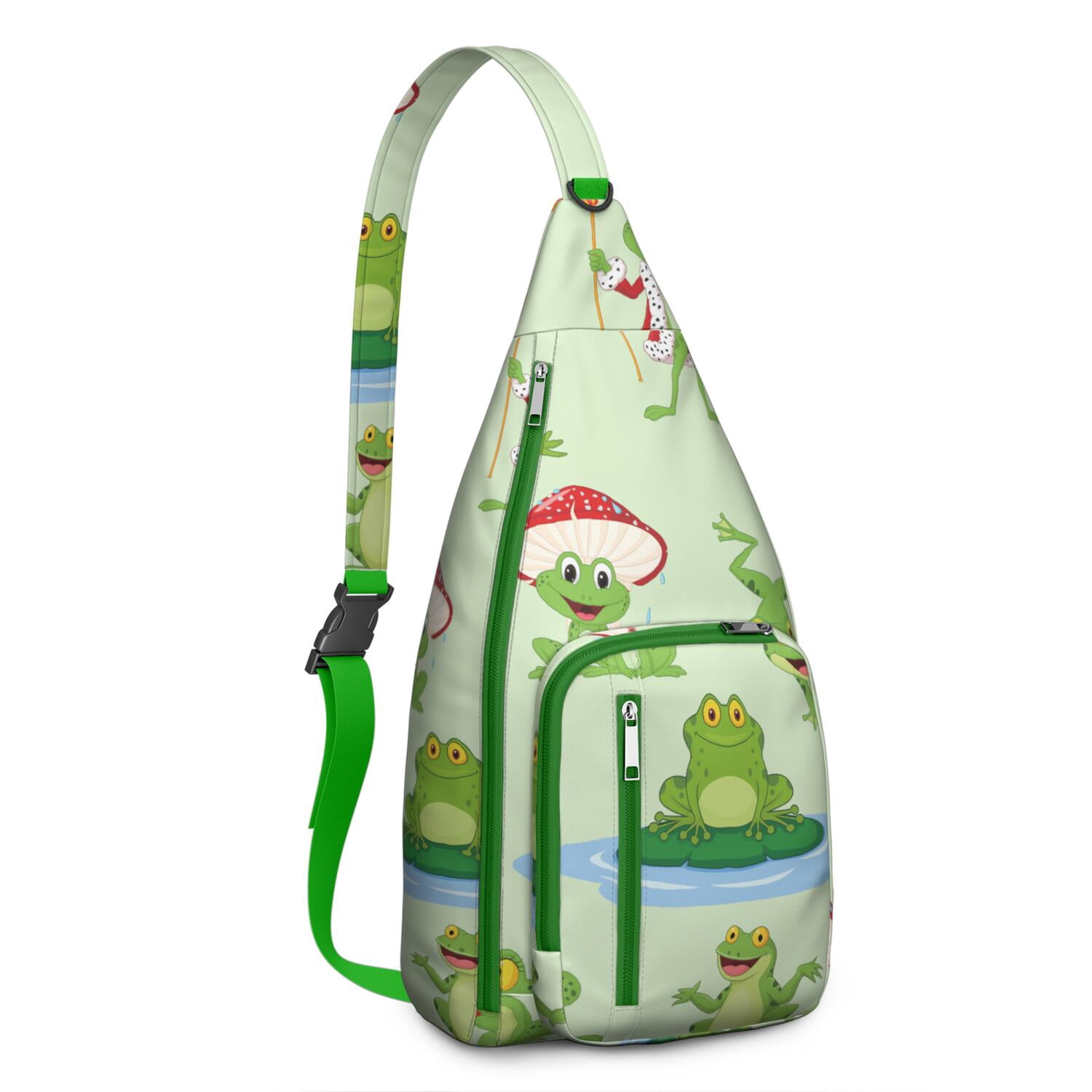 Forest Frog Lovers Sling Bag - Mushroom & Green Frog Print Crossbody ...