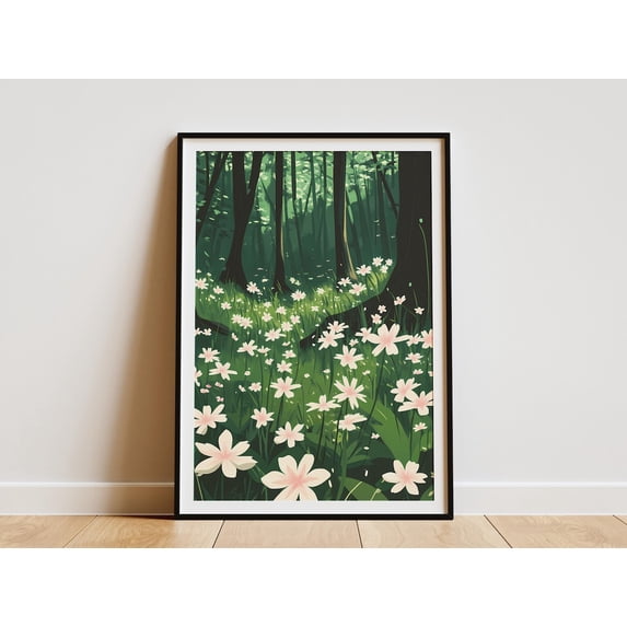 Forest Glade Pink Flowers Nature Art Botanical Illustration Wall Decor ...